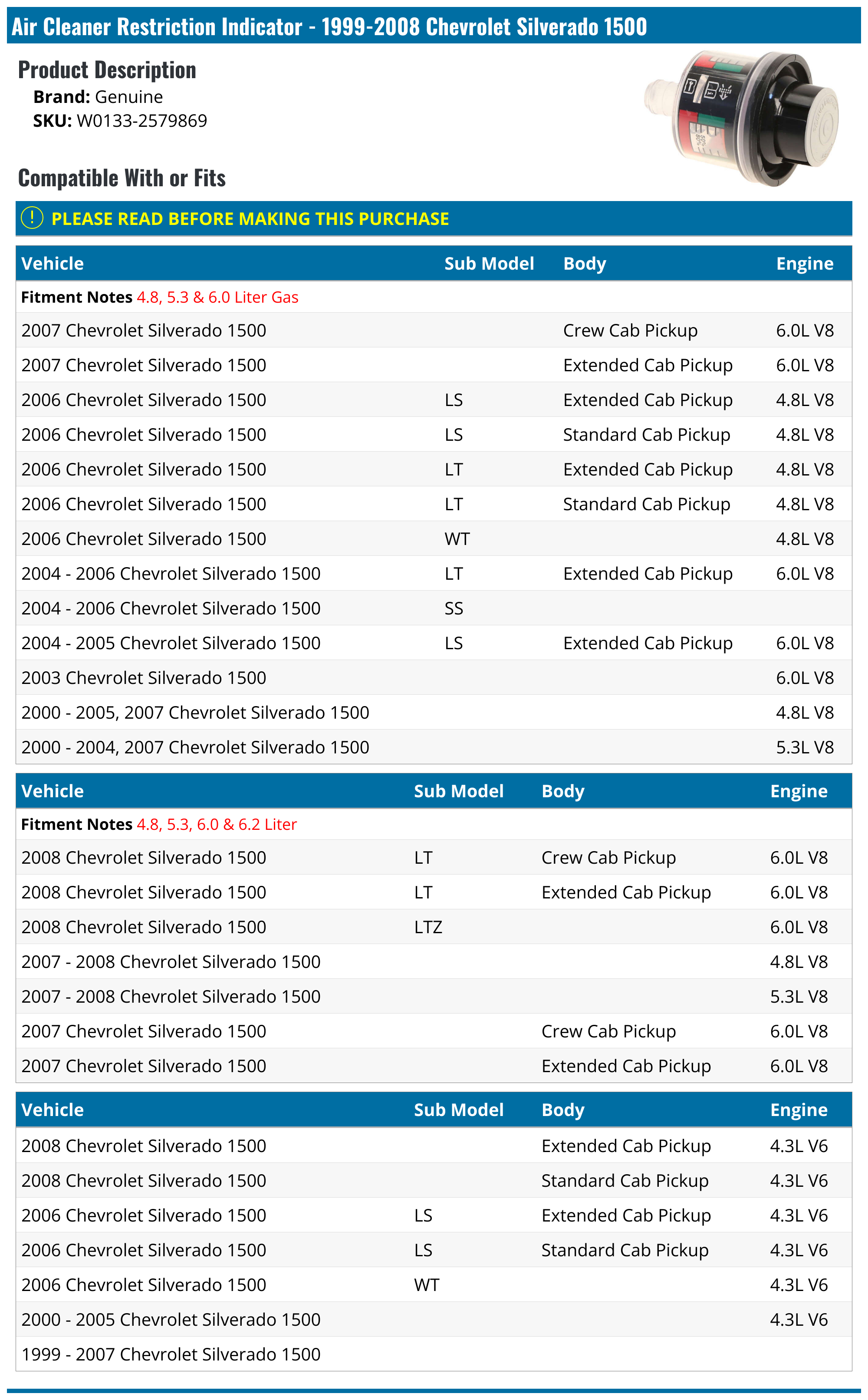 1999-2008 Chevrolet Silverado 1500 Air Cleaner Restriction Indicator ...