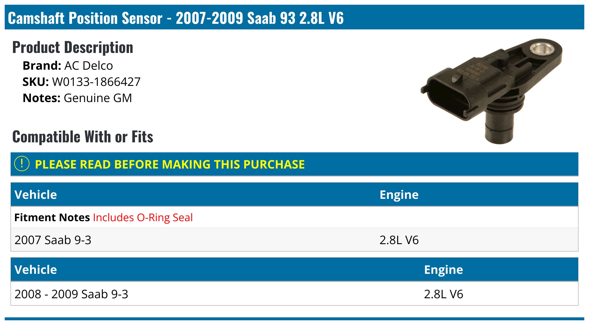 2007-2009 Saab 93 Camshaft Position Sensor - AC Delco W0133-1866427 ...