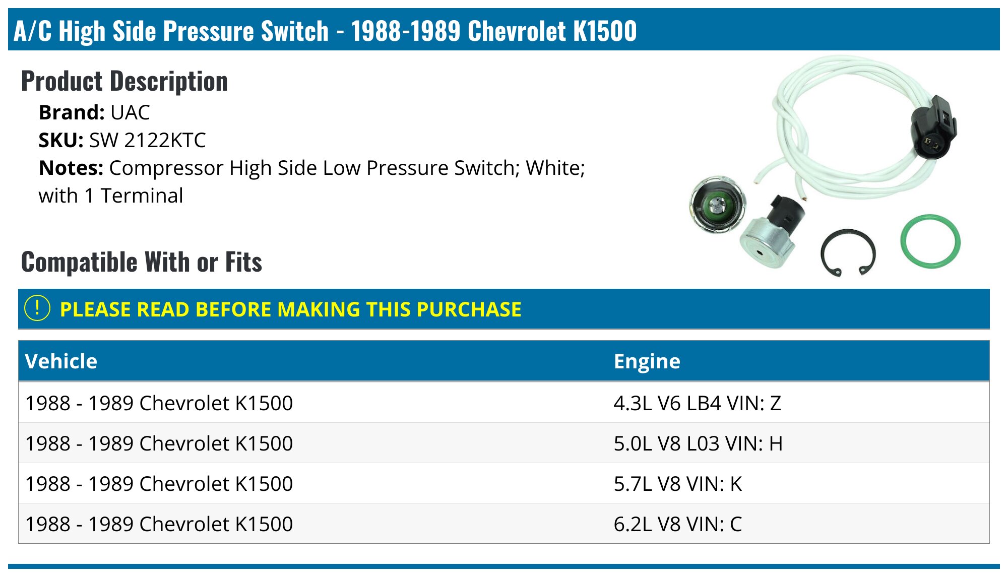 1988-1992 Chevrolet K1500 A/C High Side Pressure Switch - UAC SW ...