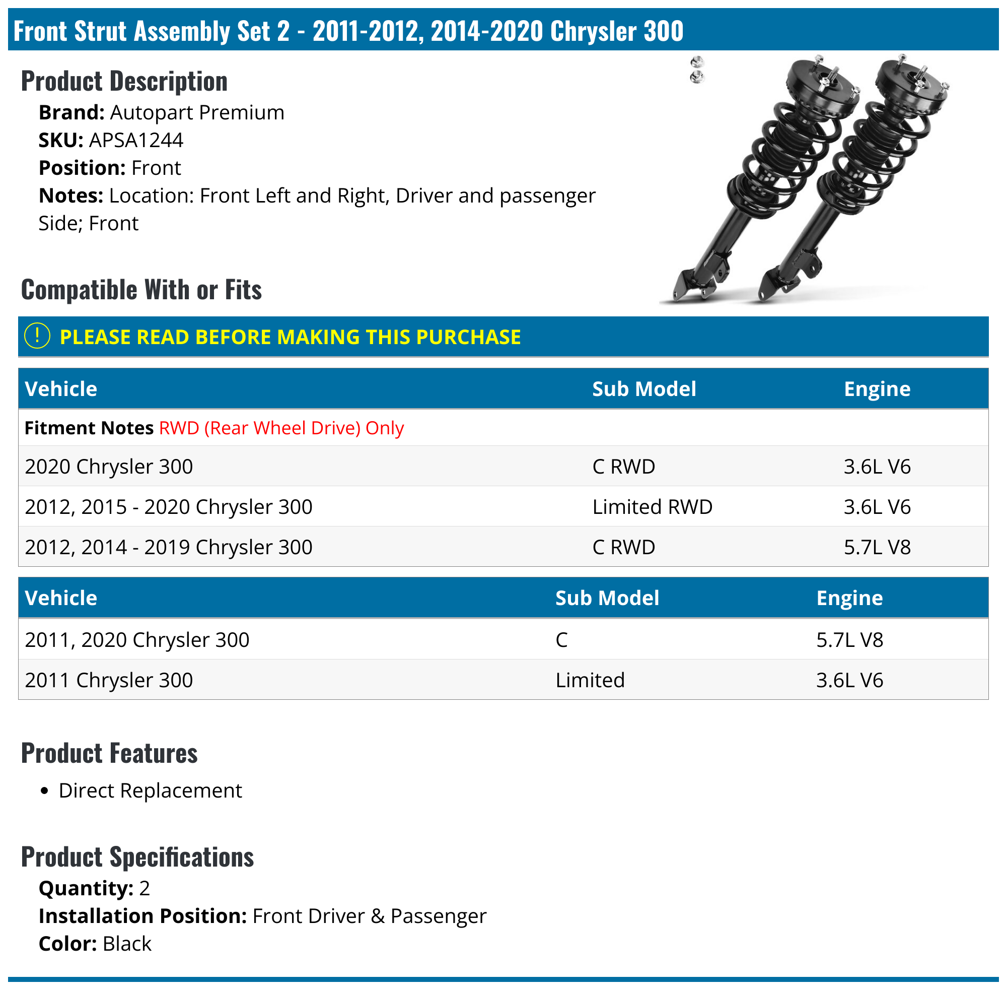 2011-2012, 2014-2020 Chrysler 300 Strut Assembly - Autopart Premium ...