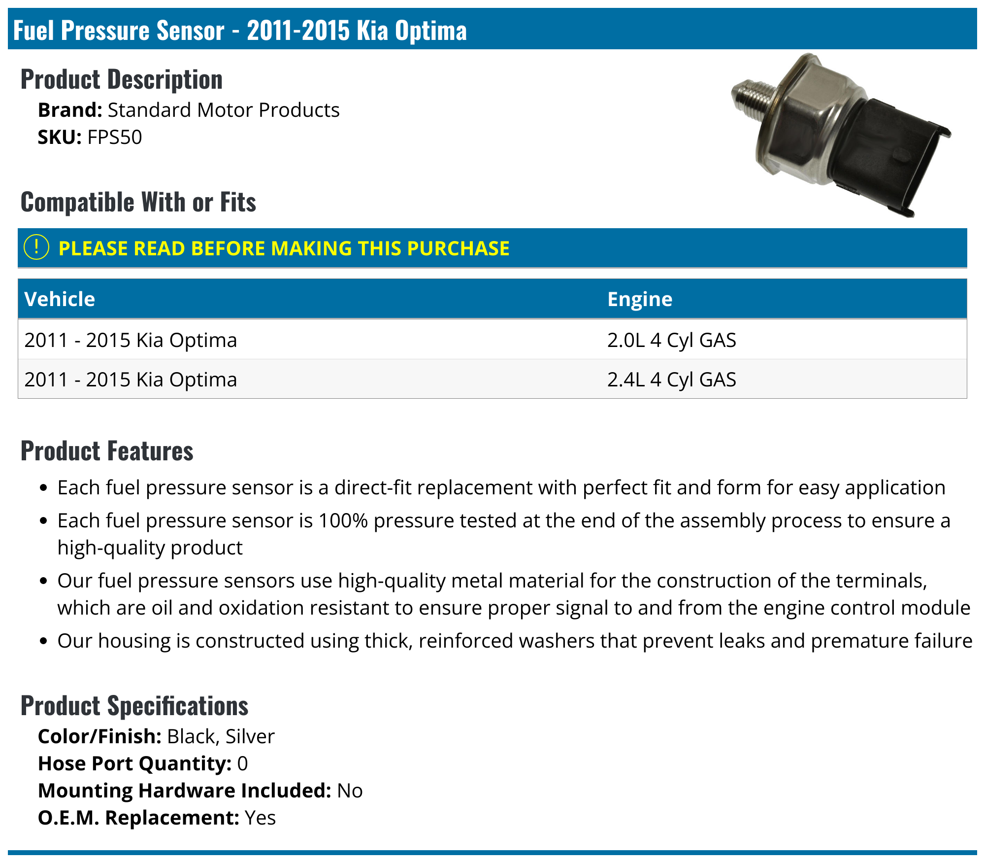 2011-2015 Kia Optima Fuel Pressure Sensor - Standard Motor Products ...