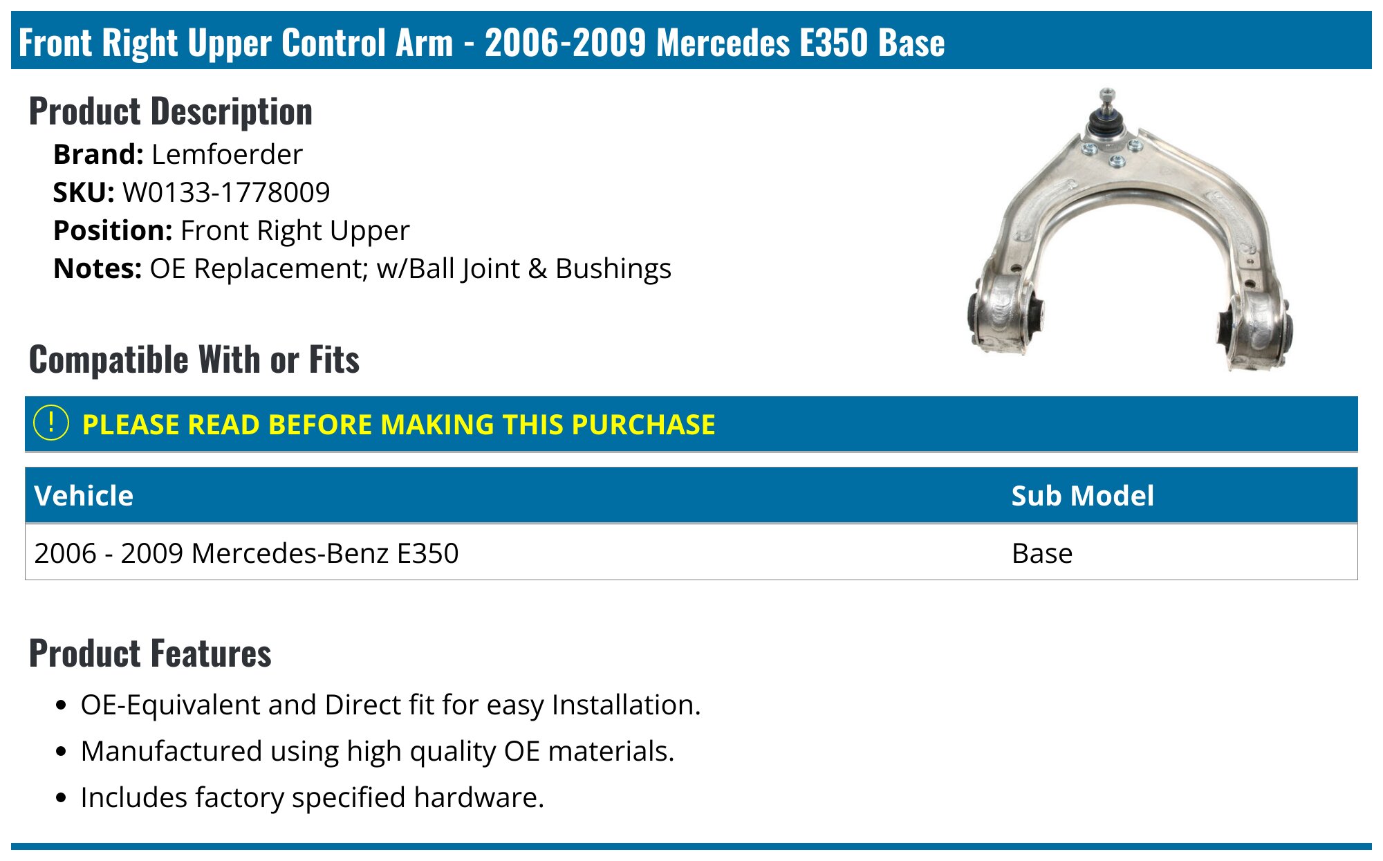 2006-2009 Mercedes E350 Control Arm - Lemfoerder W0133-1778009 - Front ...