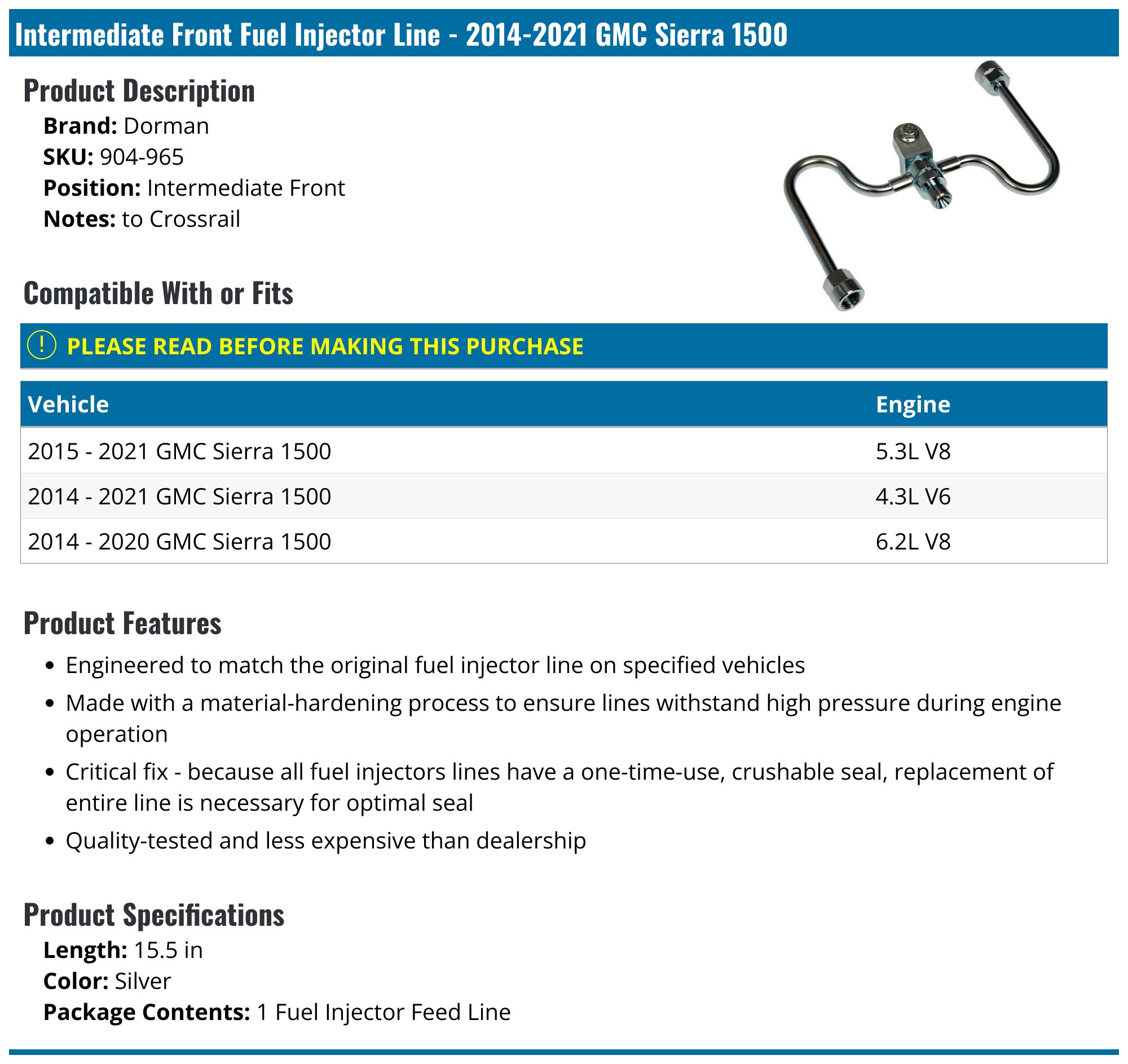 2014-2021 GMC Sierra 1500 Fuel Injector Line - Dorman 904-965 ...