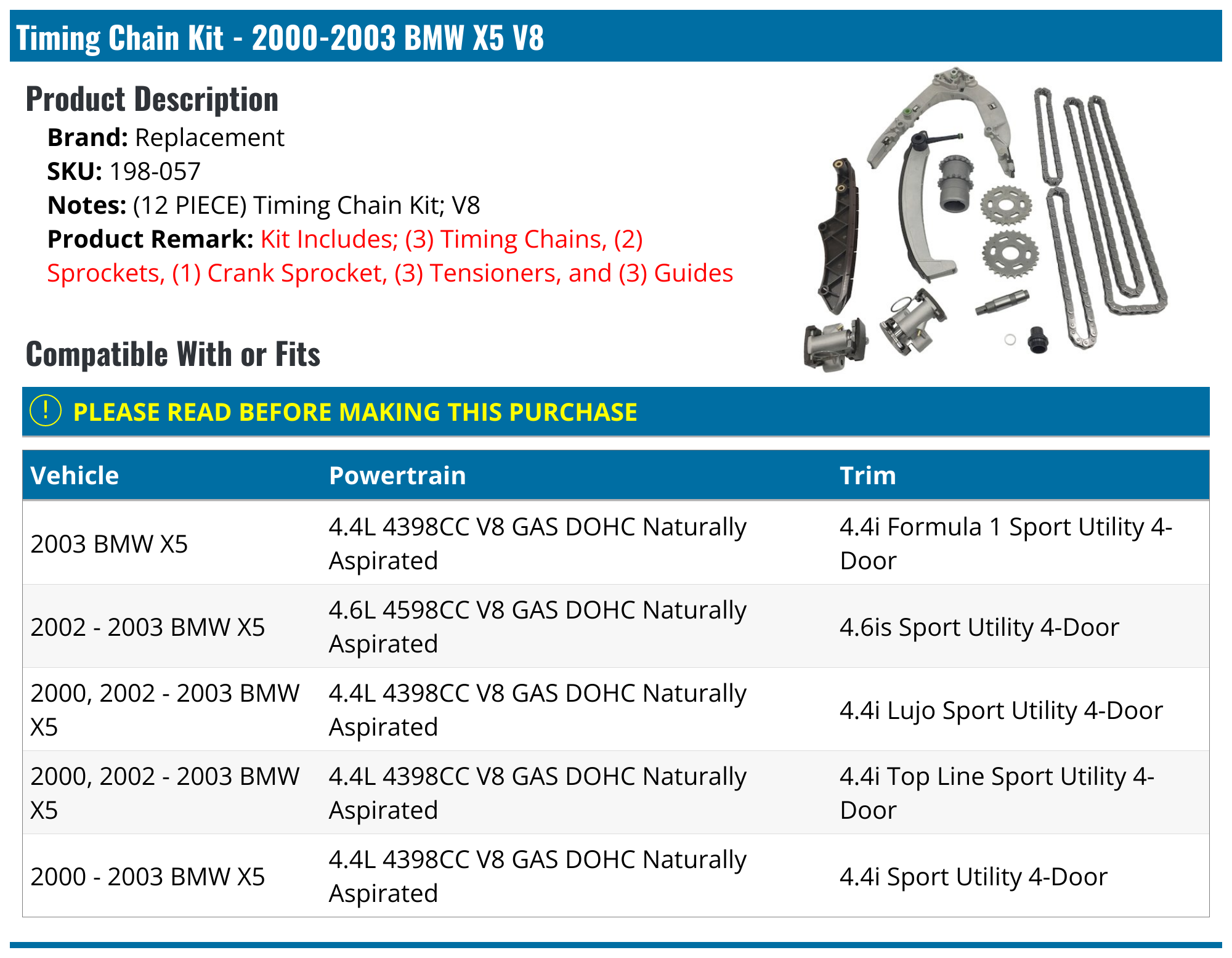 2000-2003 BMW X5 Timing Chain - Replacement 198-057 - PartsGeek.com