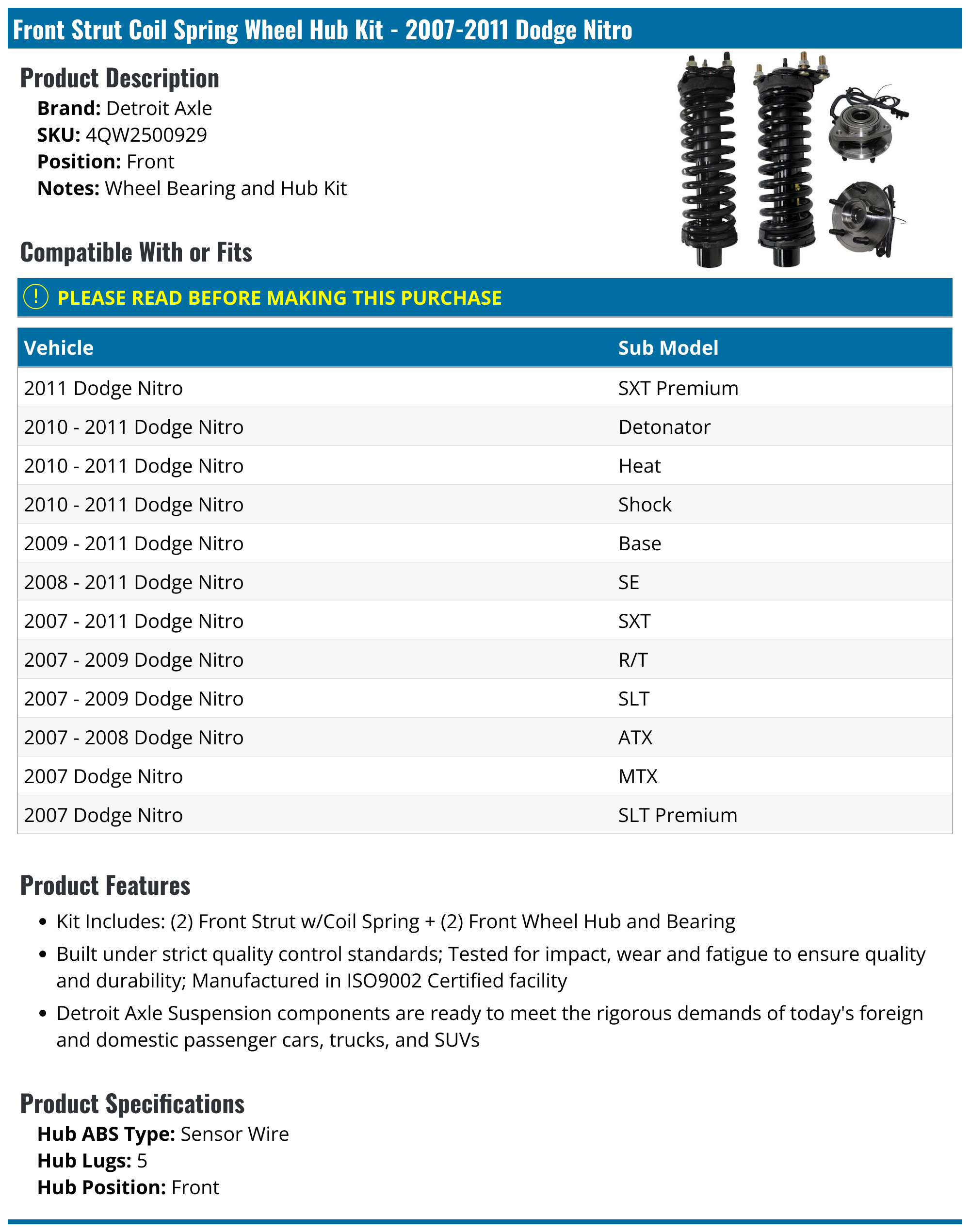 2007-2011 Dodge Nitro Strut Assembly - Detroit Axle 4QW2500929 - Front ...