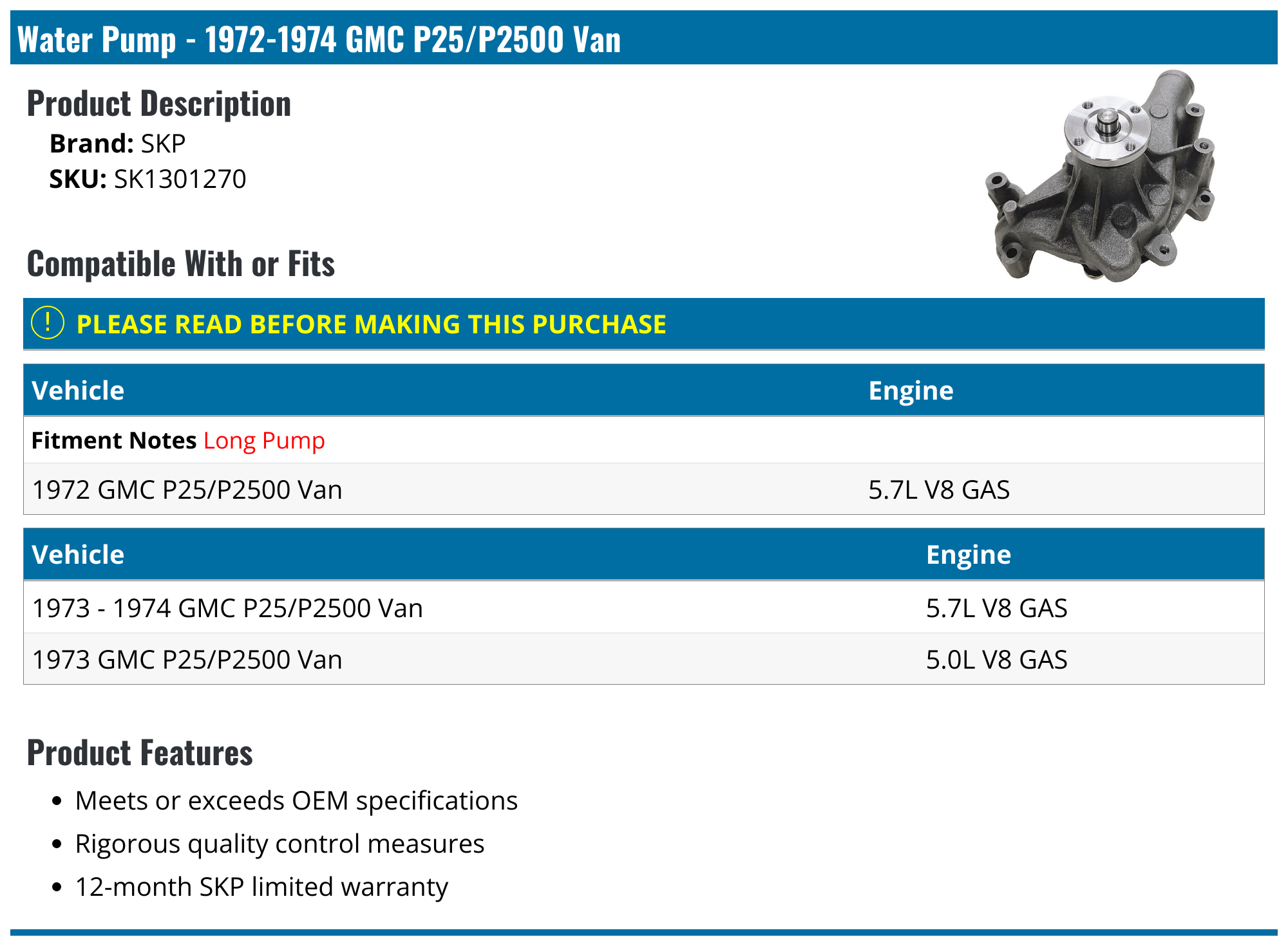 1972-1974 GMC P25/P2500 Van Water Pump - SKP SK1301270 - PartsGeek.com