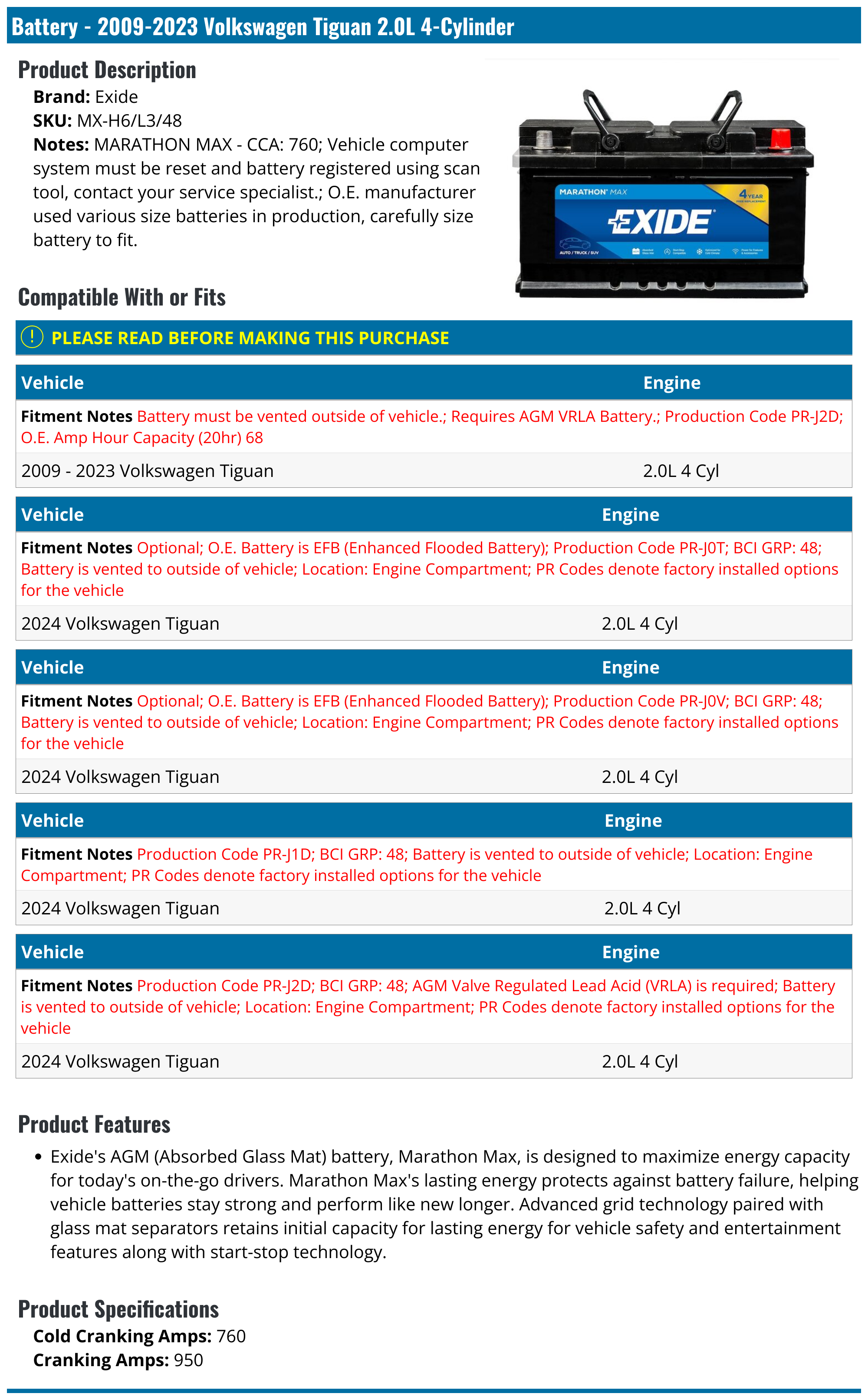 2009-2024 Volkswagen Tiguan Battery - Exide MX-H6/L3/48 - PartsGeek.com