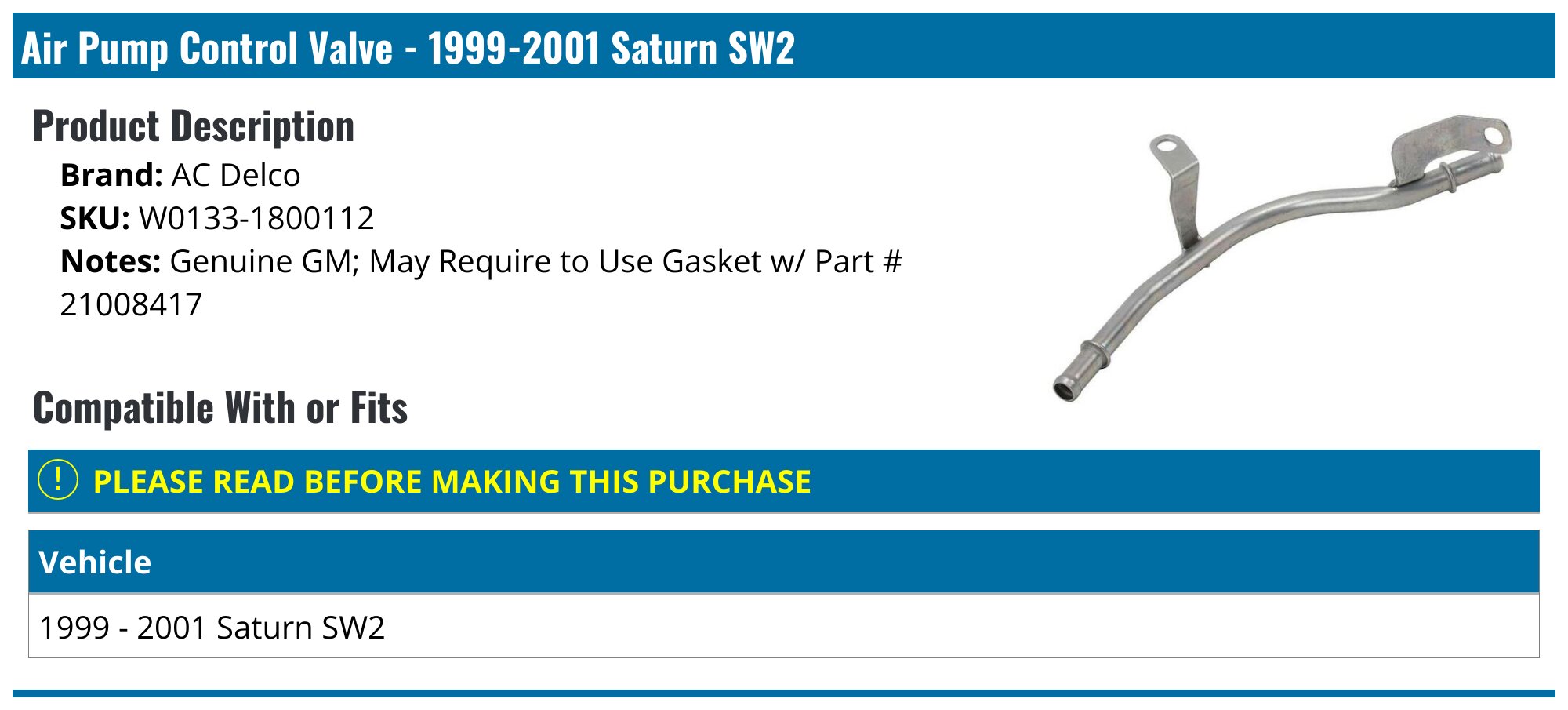 1999-2001 Saturn SW2 Air Pump Control Valve - AC Delco W0133-1800112 ...