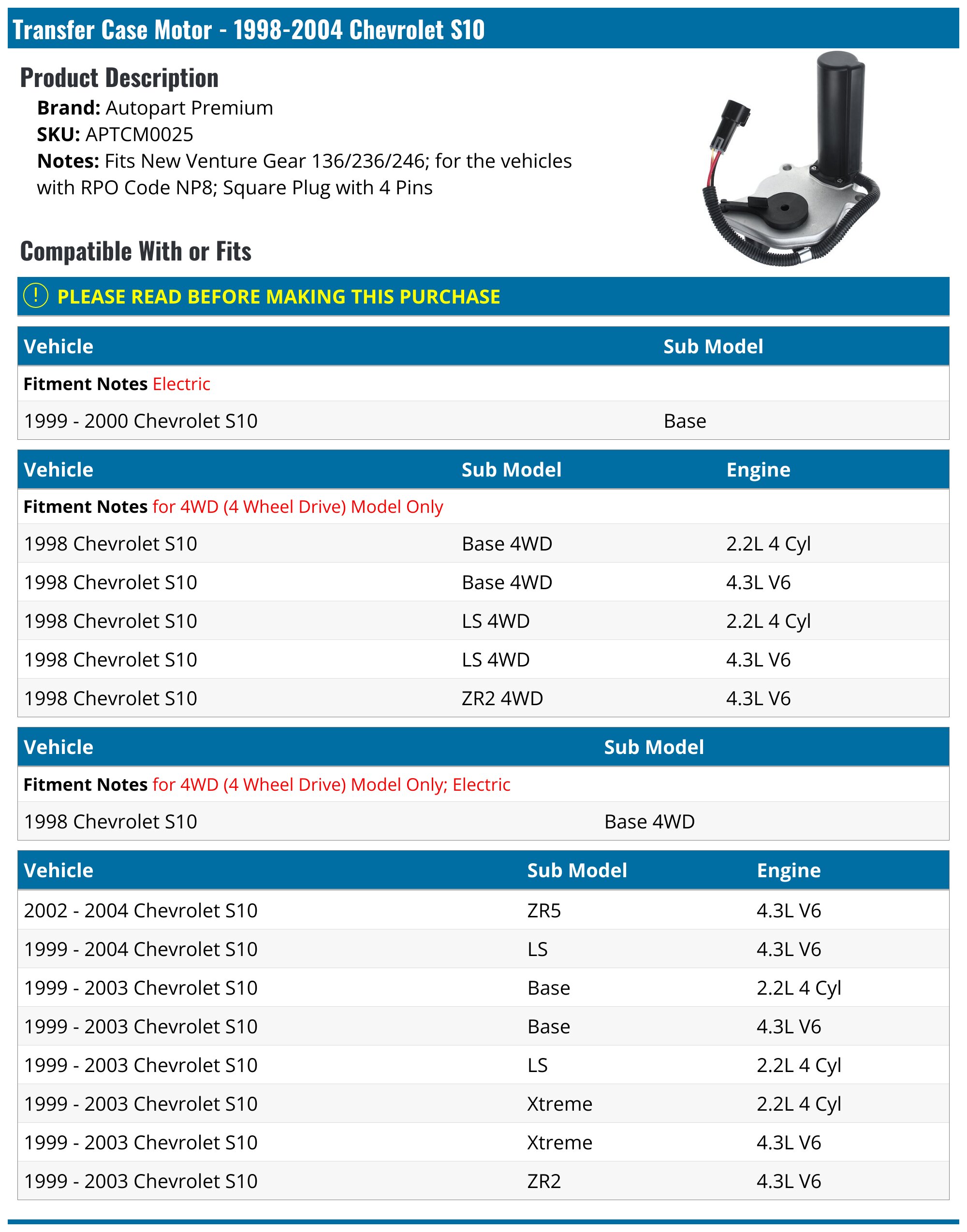 1998-2004 Chevrolet S10 Transfer Case Motor - Autopart Premium ...