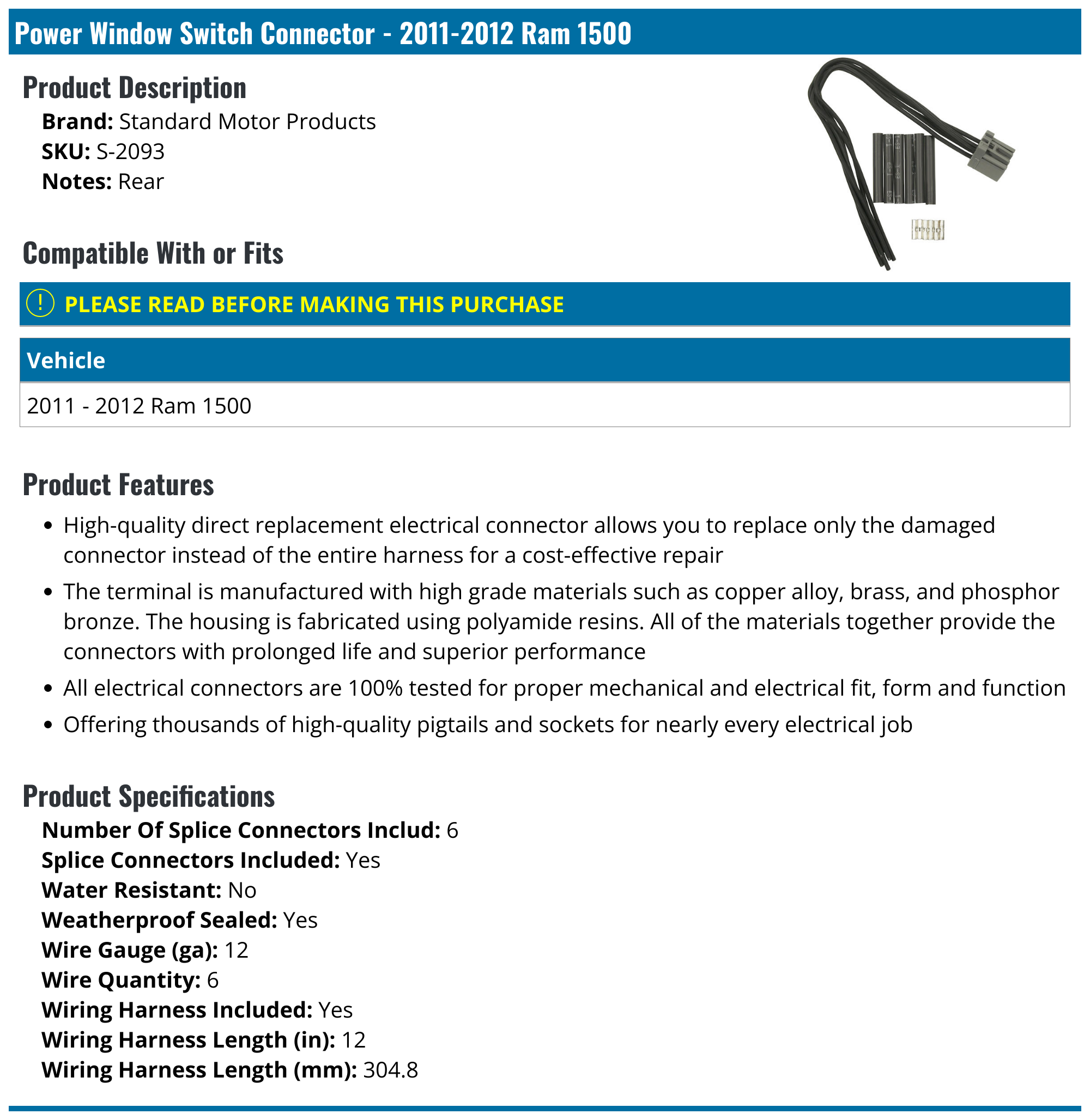 2011-2012 Ram 1500 Power Window Switch Connector - Standard Motor ...