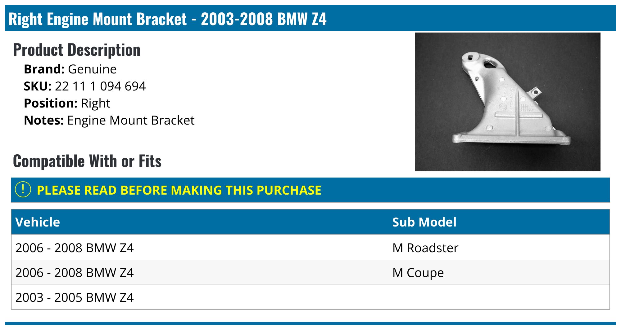 2003-2008 BMW Z4 Engine Mount Bracket - Genuine 22 11 1 094 694 - Right ...