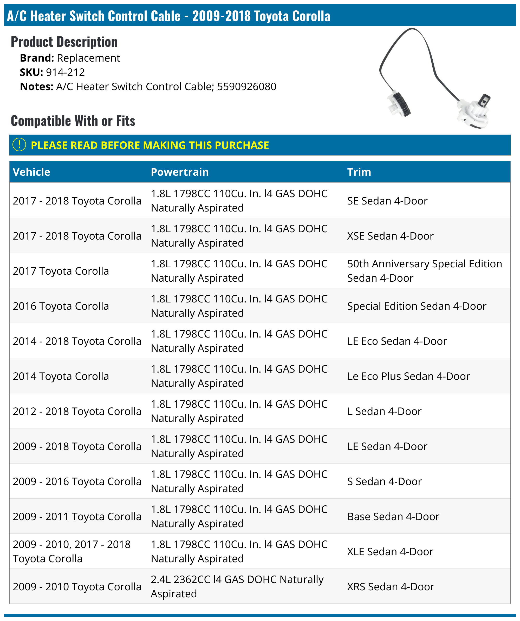2009-2018 Toyota Corolla A/C Heater Switch Control Cable - Replacement ...