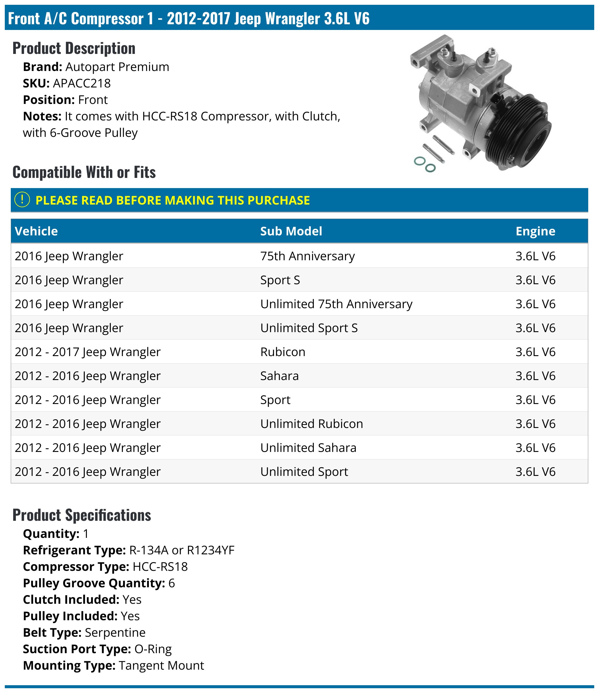 2012-2017 Jeep Wrangler A/C Compressor - Autopart Premium APACC218 ...