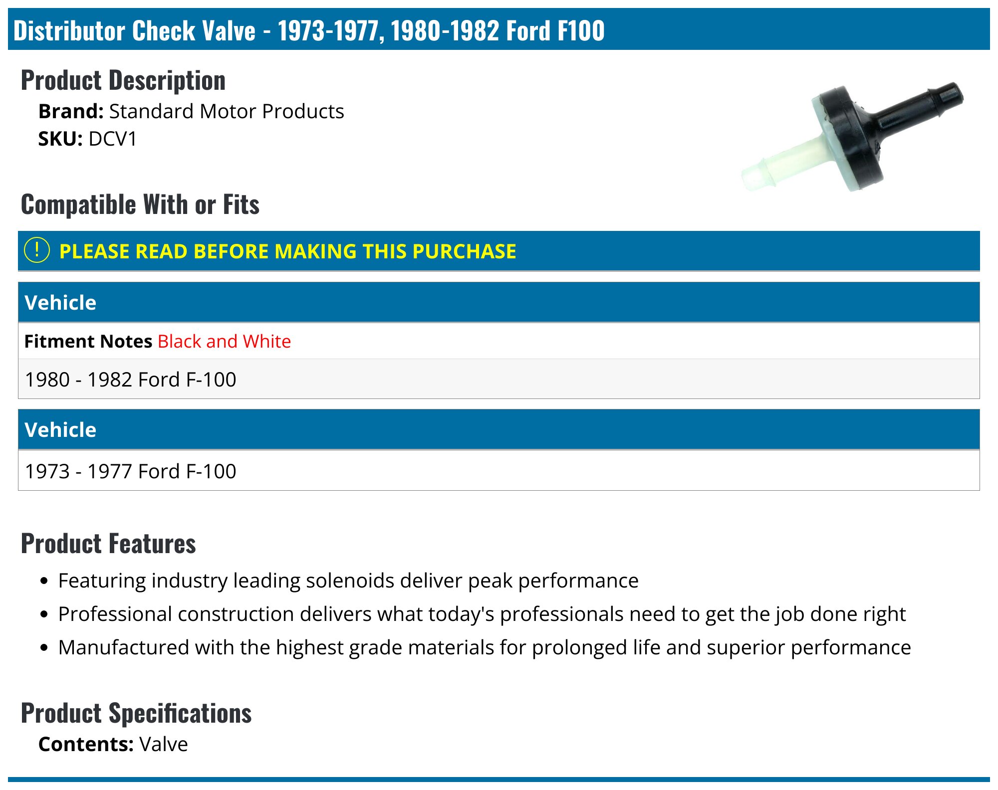 1973-1977, 1980-1982 Ford F100 Distributor Check Valve - Standard Motor ...