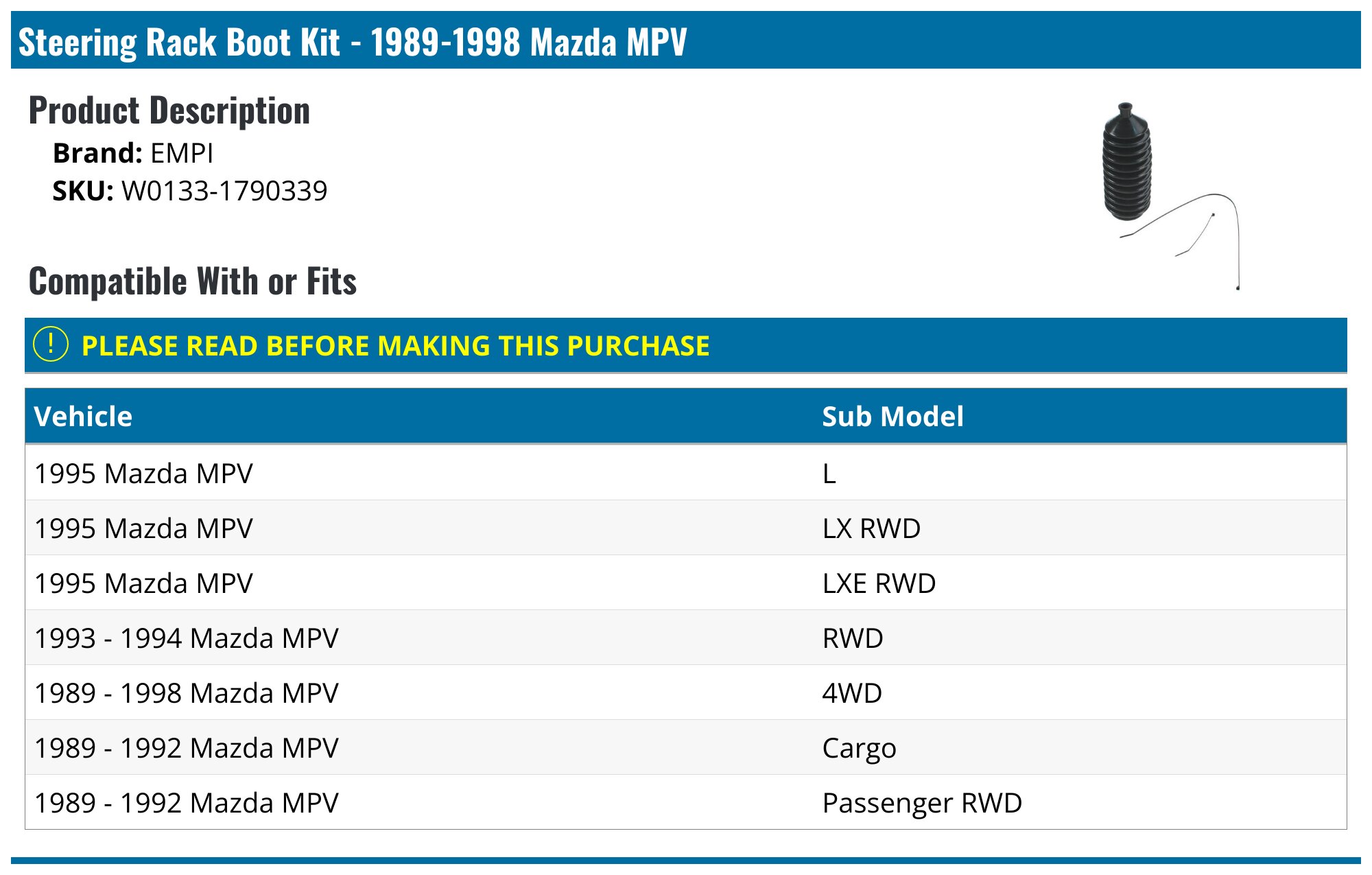 1989-1998 Mazda MPV Steering Rack Boot Kit - EMPI W0133-1790339 ...