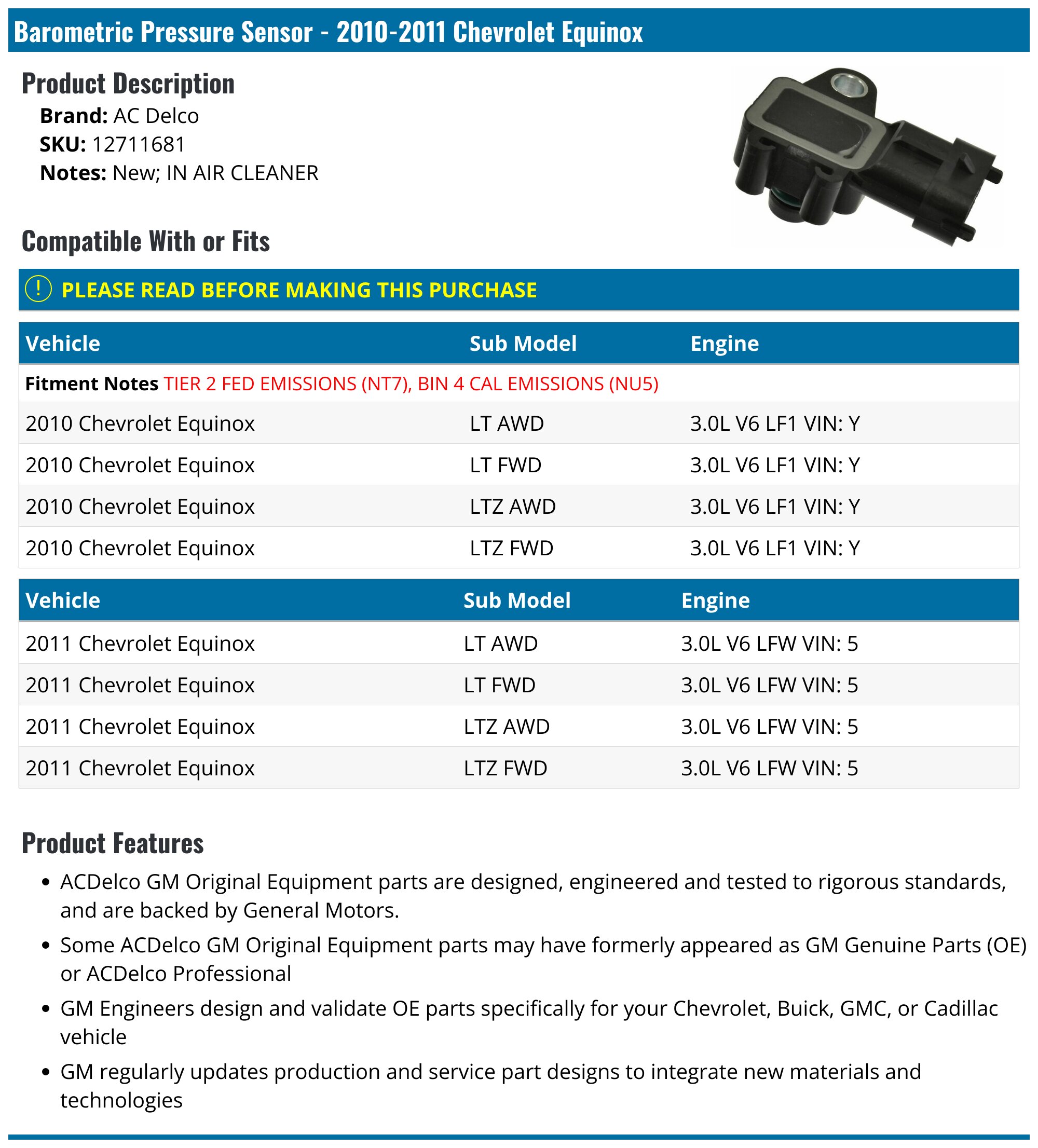 2010-2011 Chevrolet Equinox Barometric Pressure Sensor - AC Delco ...