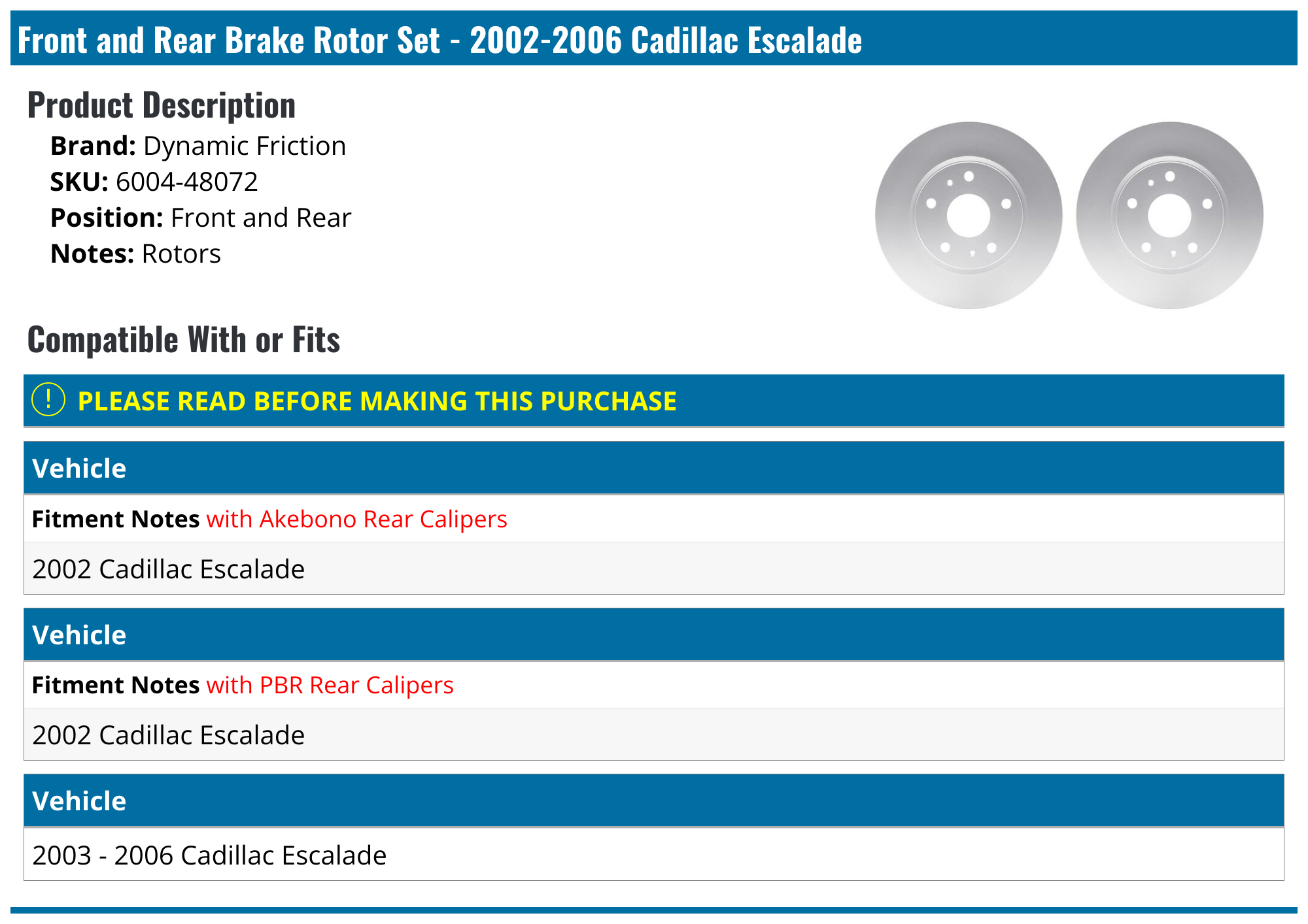 2002-2006 Cadillac Escalade Brake Rotor - Dynamic Friction 6004-48072 ...