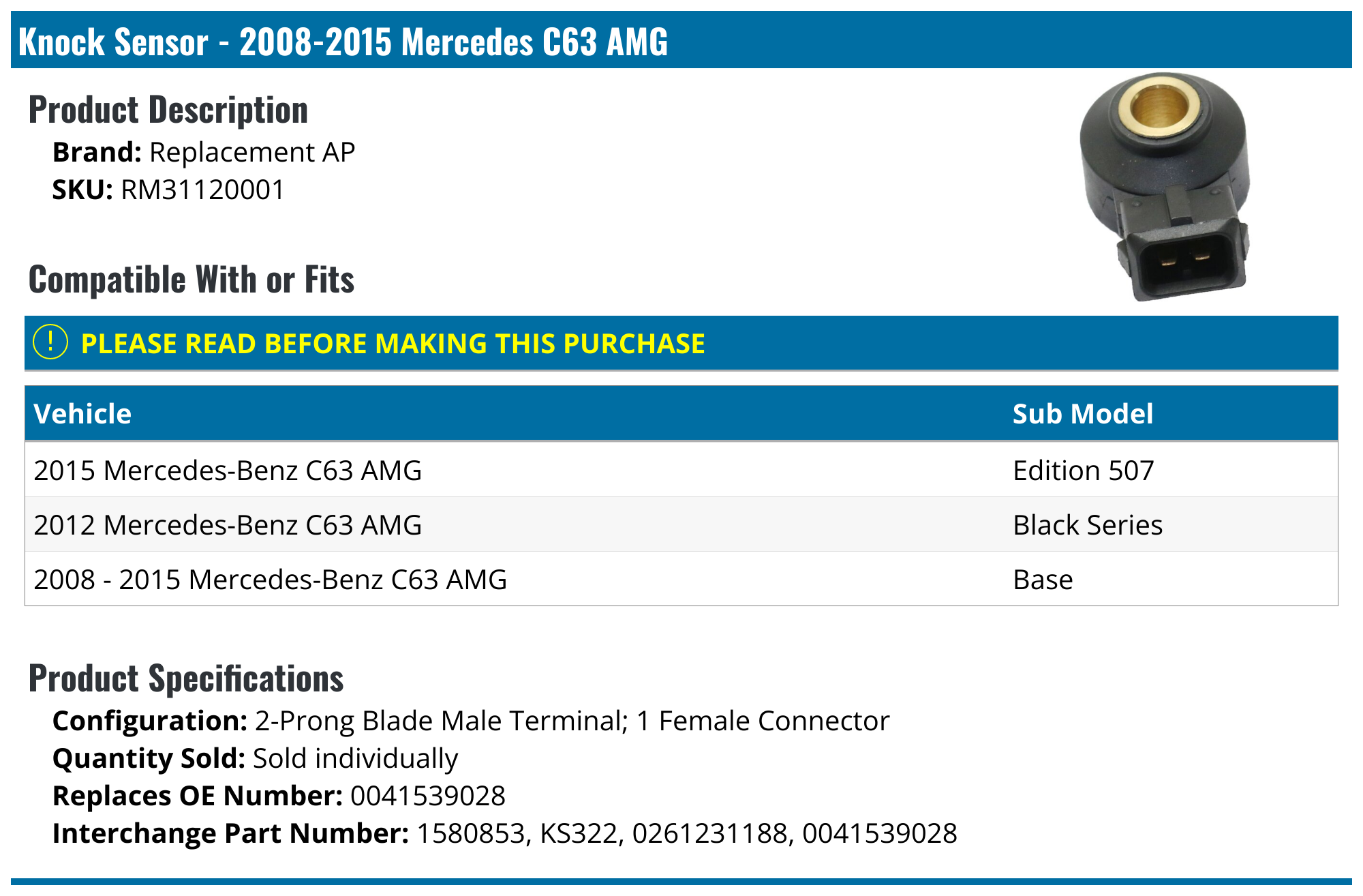 2008-2015 Mercedes C63 AMG Knock Sensor - Replacement AP RM31120001 ...