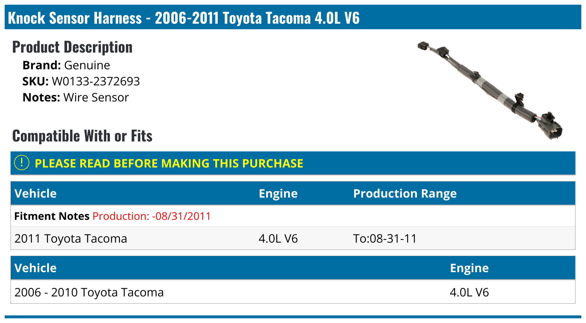 2006-2011 Toyota Tacoma Knock Sensor Harness - Genuine W0133-2372693 ...