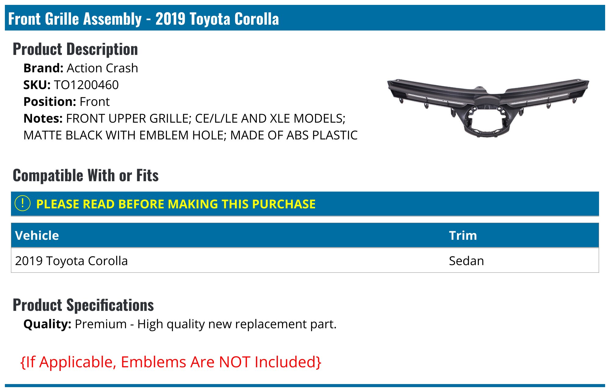 2019 Toyota Corolla Grille Assembly - Action Crash TO1200460 - Front ...