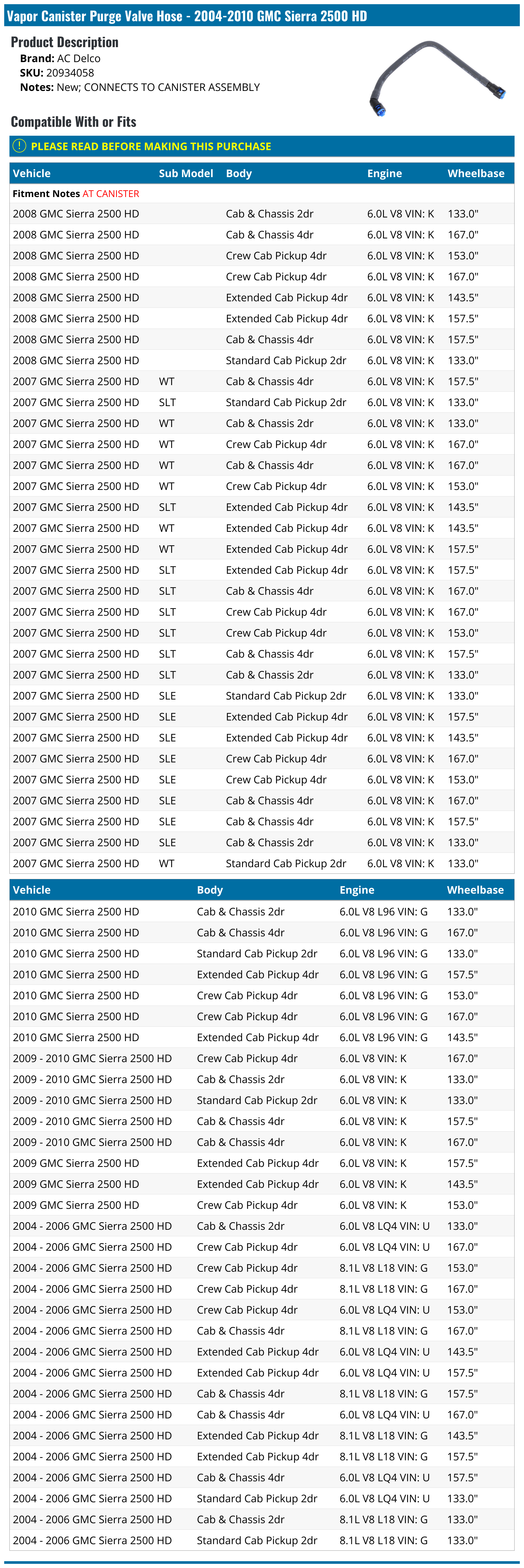2004-2010 GMC Sierra 2500 HD Vapor Canister Purge Valve Hose - AC Delco ...