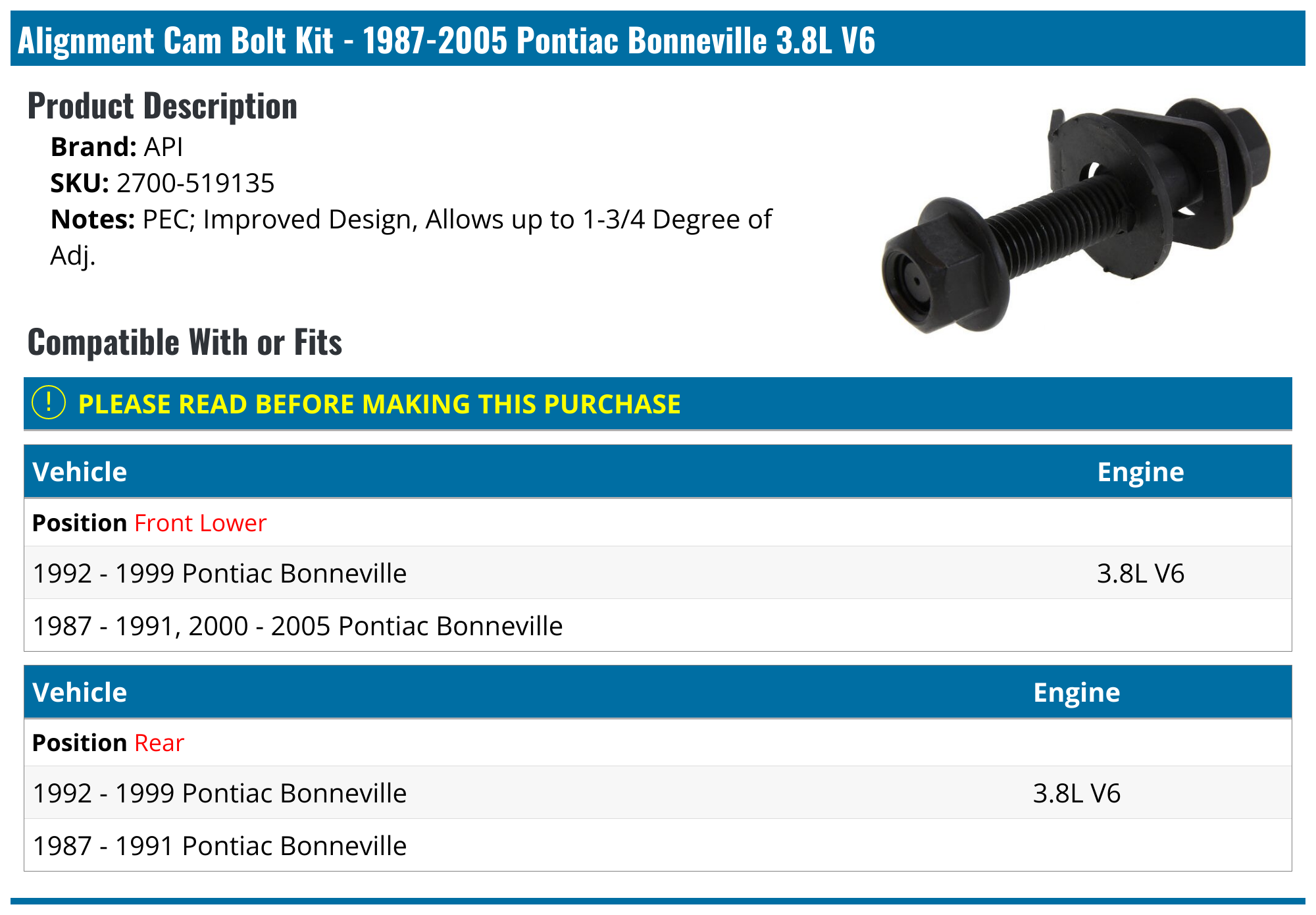 1987-2005 Pontiac Bonneville Alignment Cam Bolt Kit - API 4622-07175924 ...