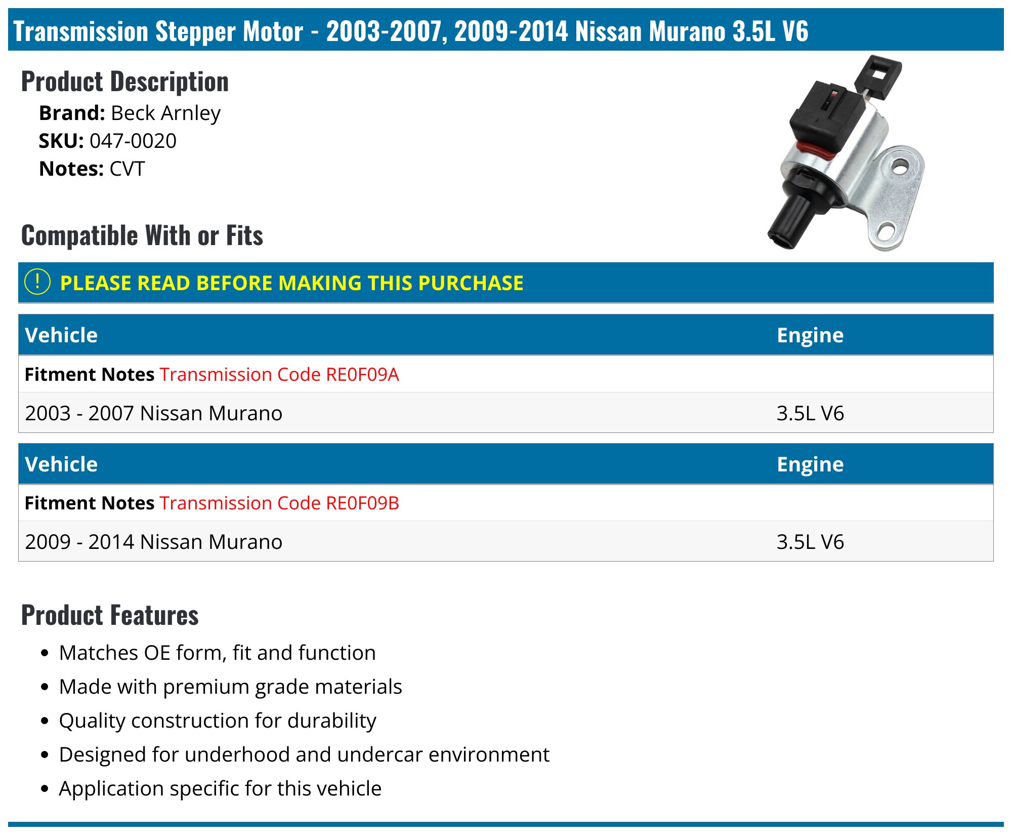 2003-2007, 2009-2014 Nissan Murano Transmission Stepper Motor - Beck ...