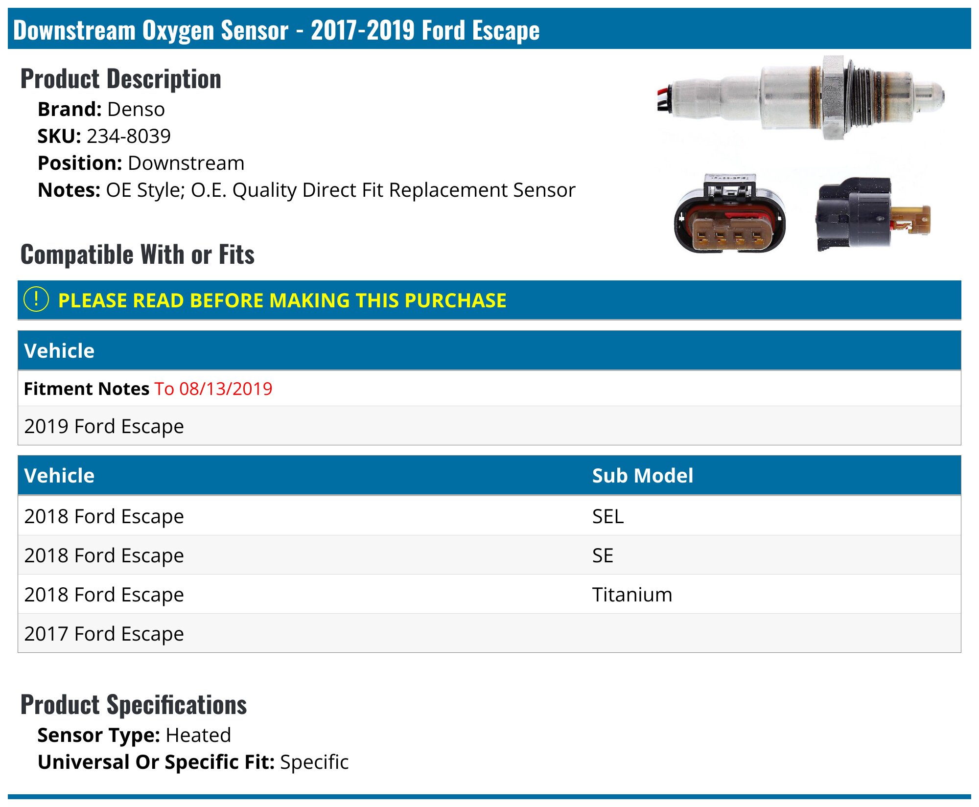 2017-2019 Ford Escape Oxygen Sensor - Denso 234-8039 - Downstream ...
