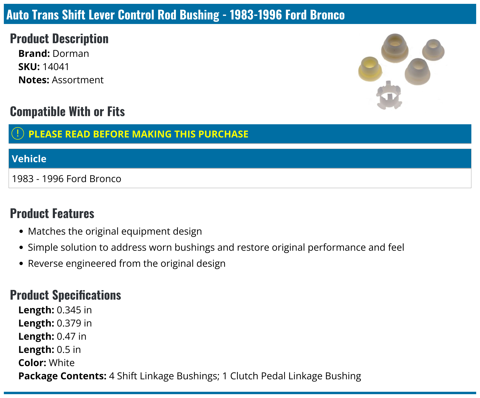 1983-1996 Ford Bronco Auto Trans Shift Lever Control Rod Bushing ...