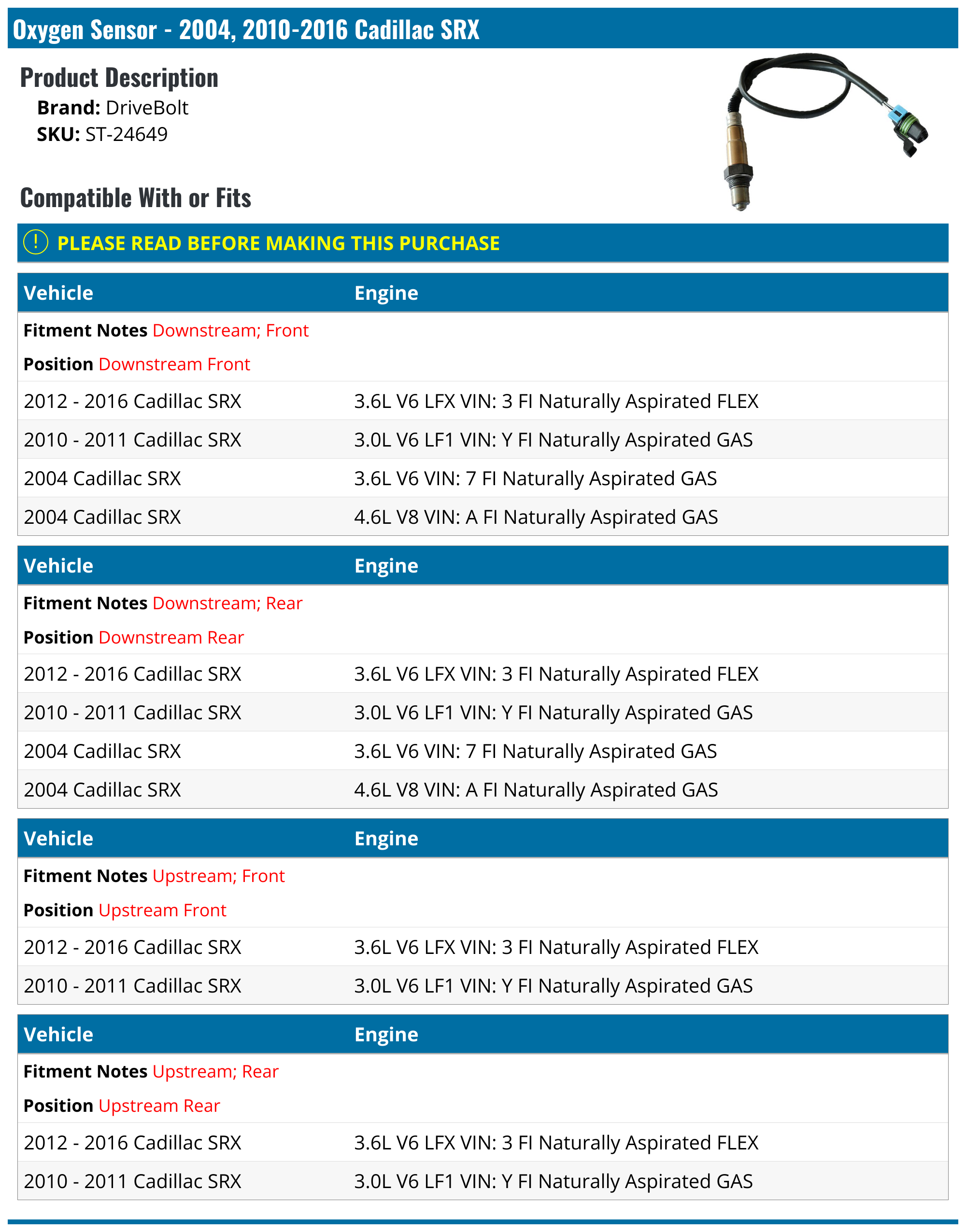 2004, 2010-2016 Cadillac SRX Oxygen Sensor - DriveBolt ST-24649 ...