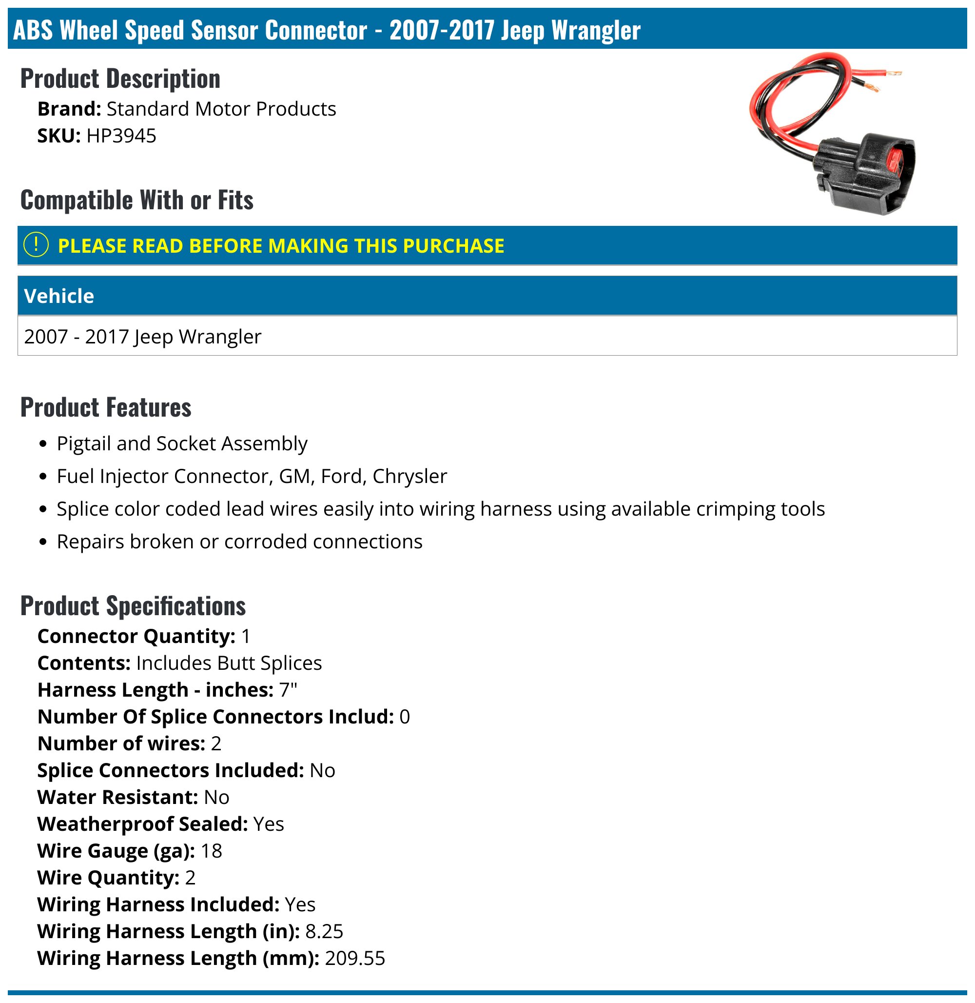 2007-2017 Jeep Wrangler ABS Wheel Speed Sensor Connector - Standard ...