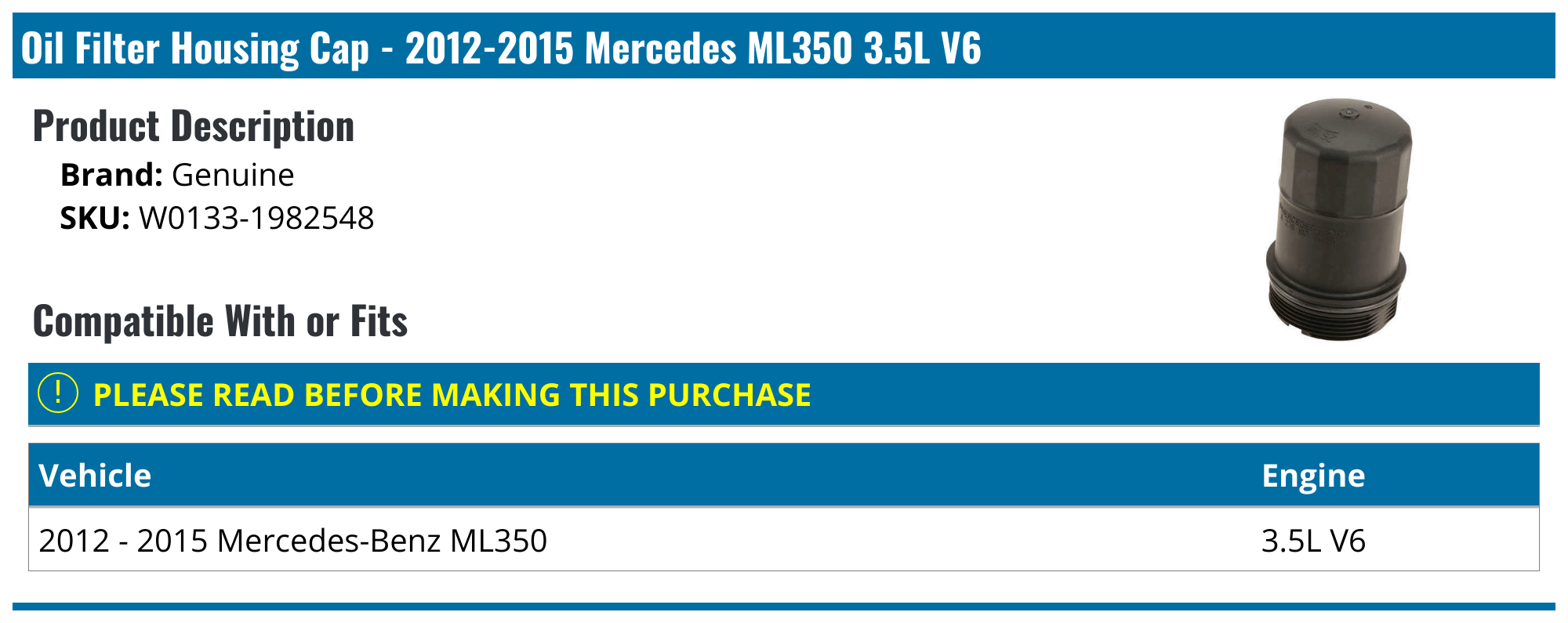 2012-2015 Mercedes ML350 Oil Filter Housing Cap - Genuine W0133-1982548 ...