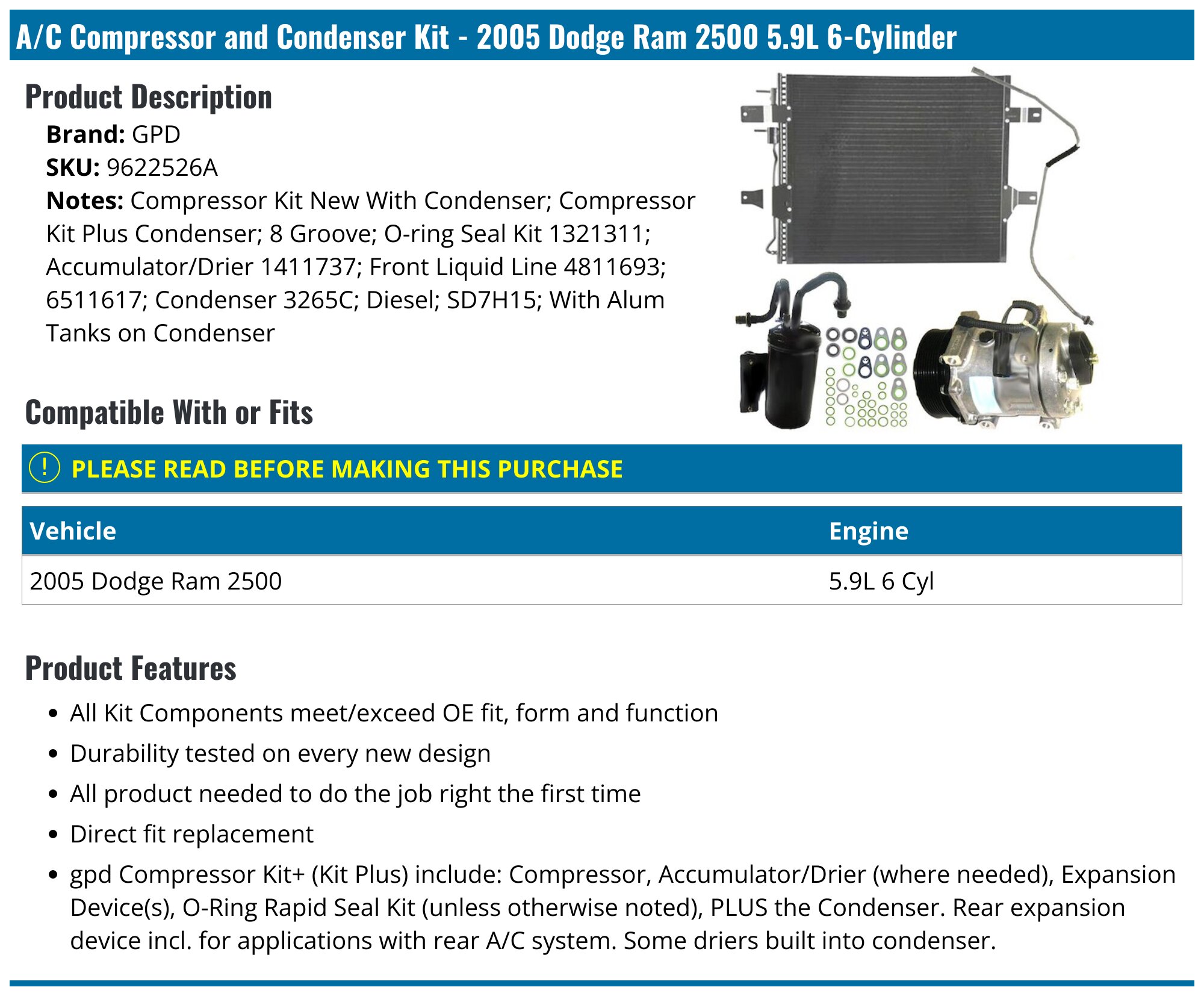 2005 Dodge Ram 2500 A/C Compressor - GPD 9622526A - PartsGeek.com