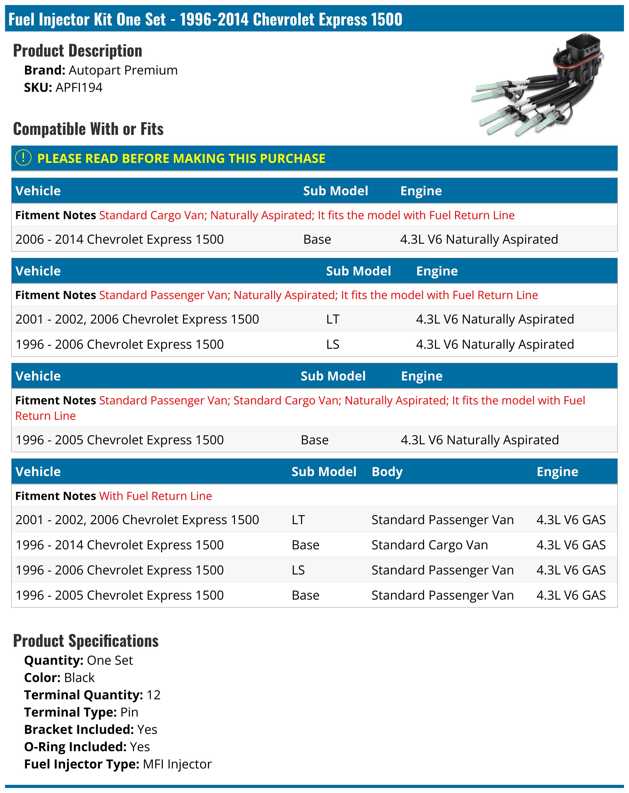 1996-2014 Chevrolet Express 1500 Fuel Injector - Autopart Premium ...