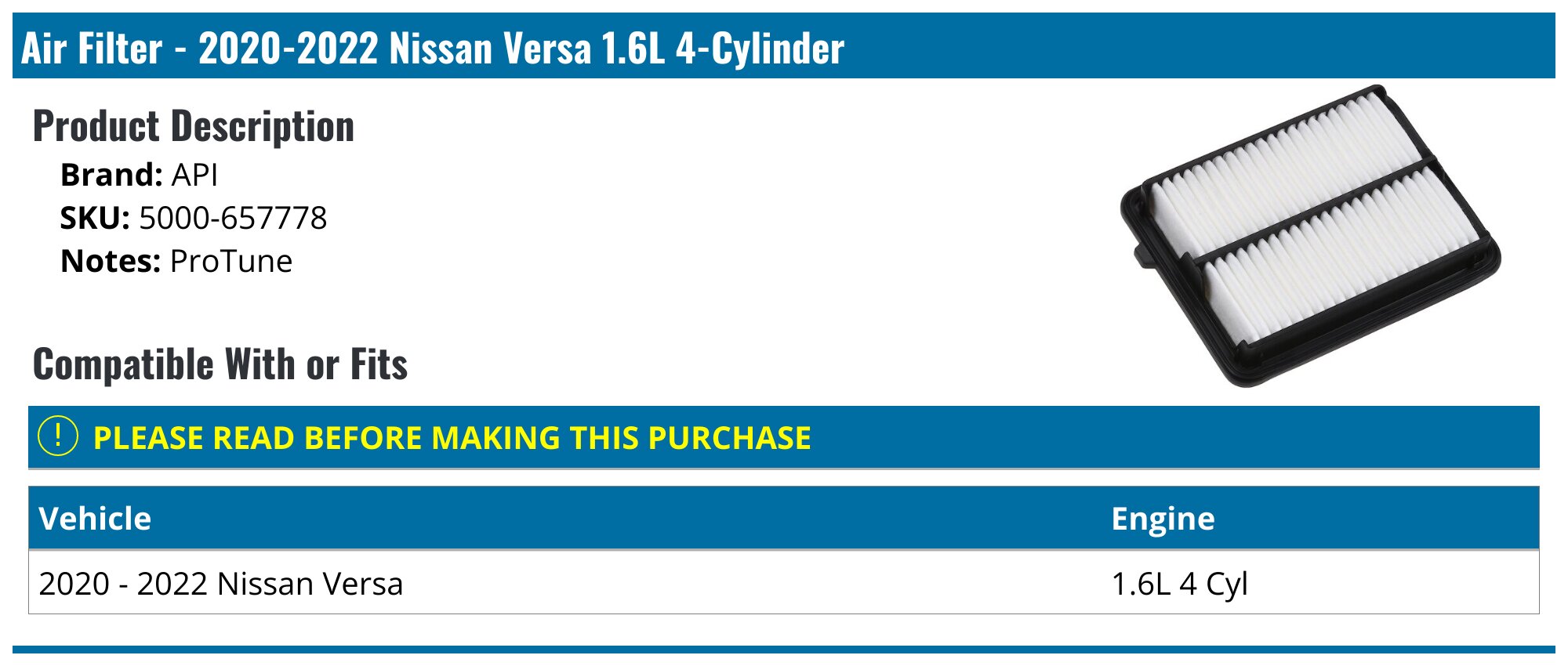 2020-2024 Nissan Versa Air Filter - API 149493-07416524 - PartsGeek.com