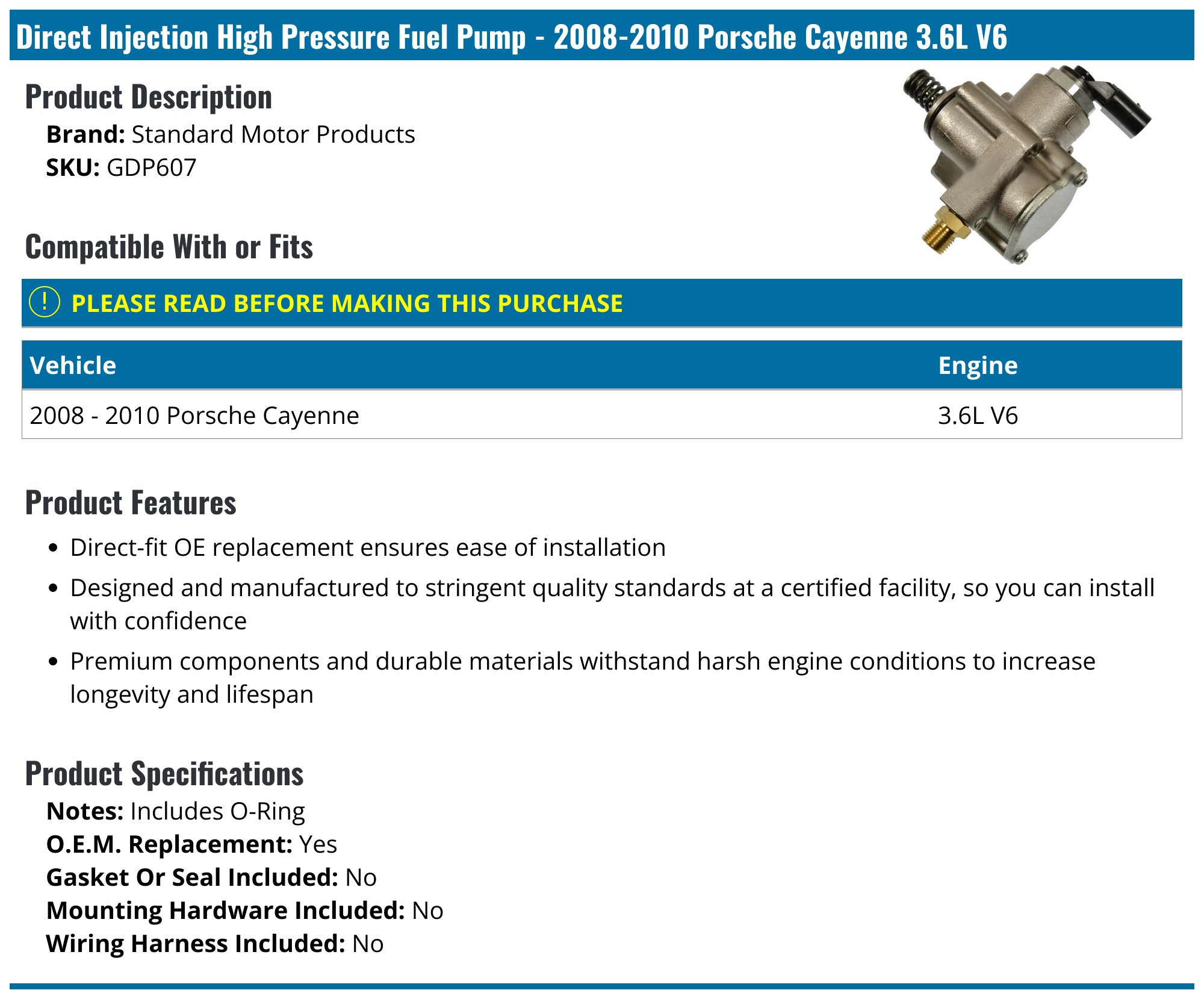 2008-2010 Porsche Cayenne Fuel Pump - Standard Motor Products GDP607 ...