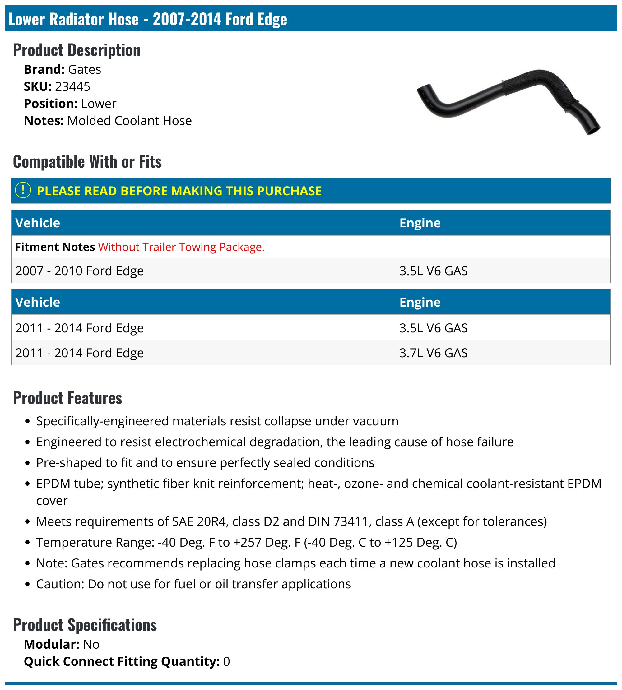 2007-2014 Ford Edge Radiator Hose - Gates 23445 - Lower - PartsGeek.com
