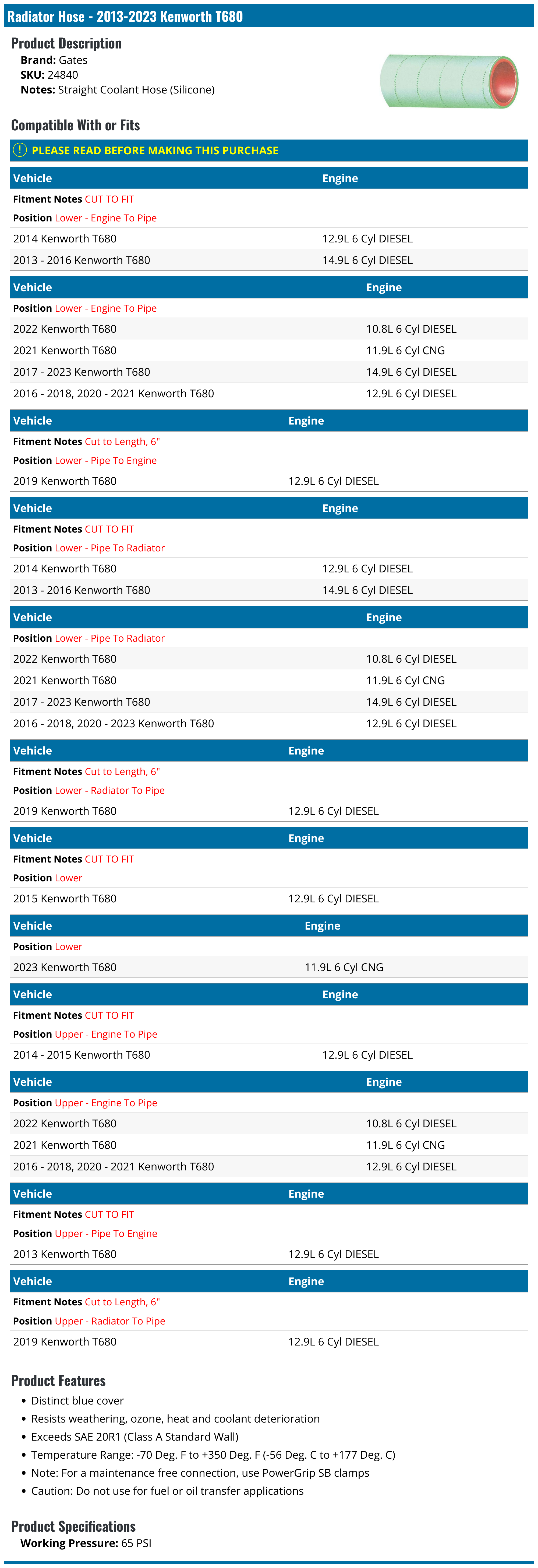 2013-2023 Kenworth T680 Radiator Hose - Gates 24840 - Lower - Pipe To ...