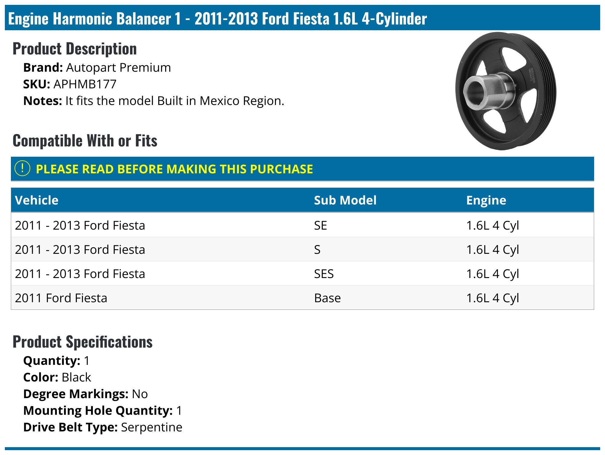 2011-2013 Ford Fiesta Engine Harmonic Balancer - Autopart Premium ...