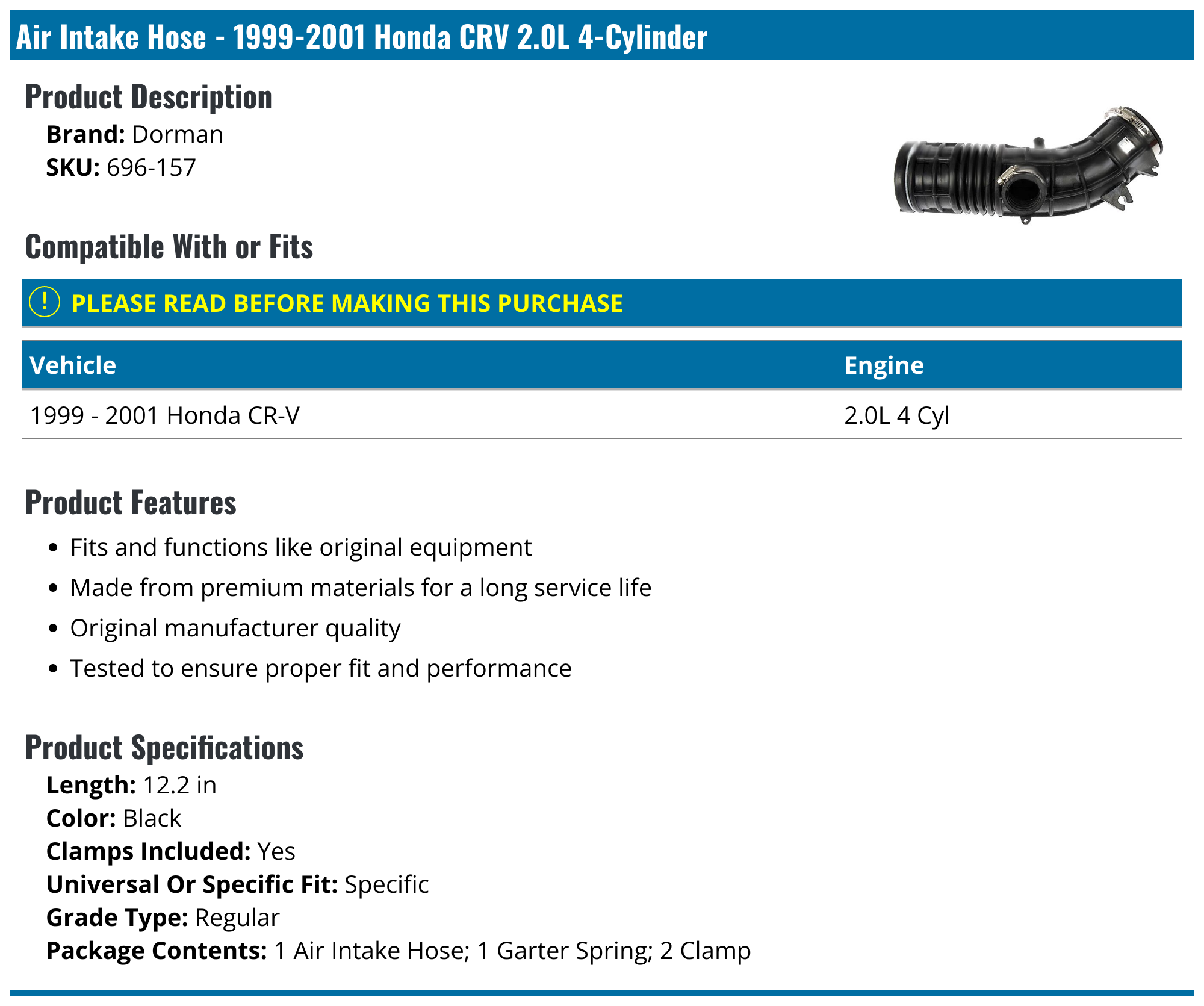 1999-2001 Honda CRV Air Intake Hose - Dorman 696-157 - PartsGeek.com