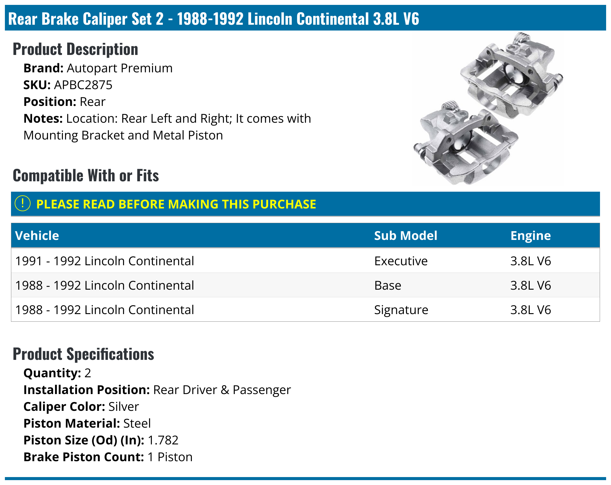 1988-1992 Lincoln Continental Brake Caliper - Autopart Premium APBC2875 ...