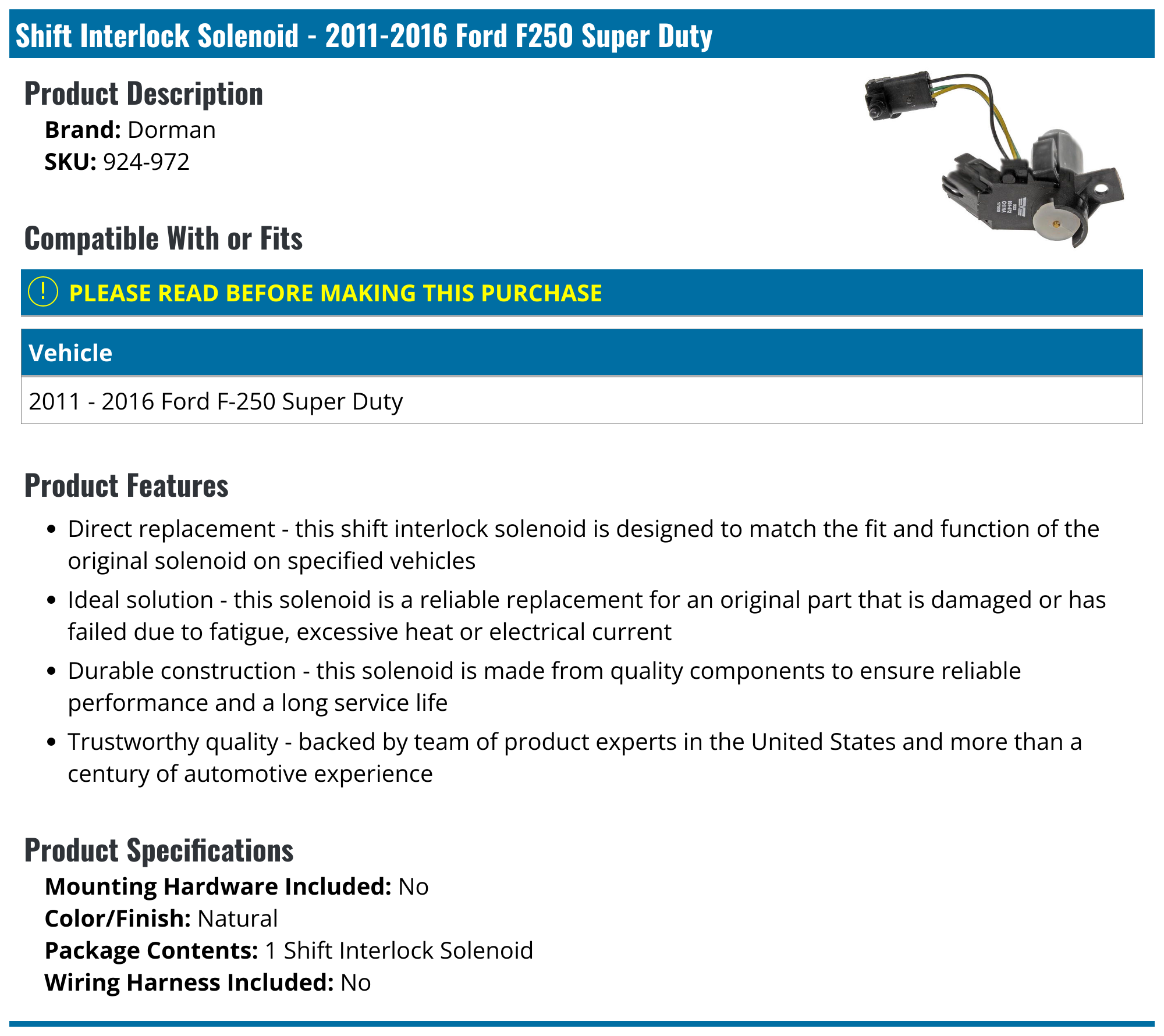2011-2016 Ford F250 Super Duty Shift Interlock Solenoid - Dorman 924 ...
