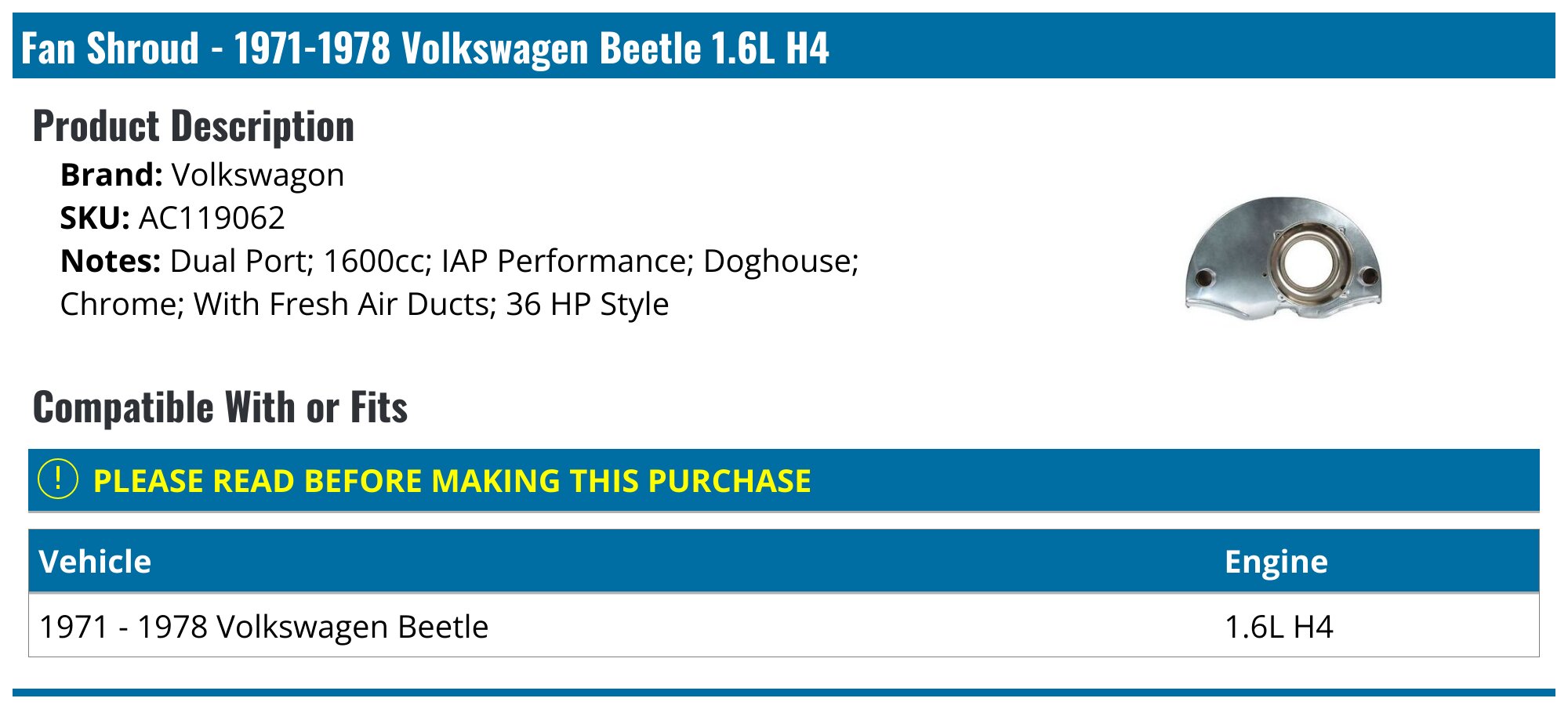 1971-1978 Volkswagen Beetle Fan Shroud - Volkswagon AC119062 ...