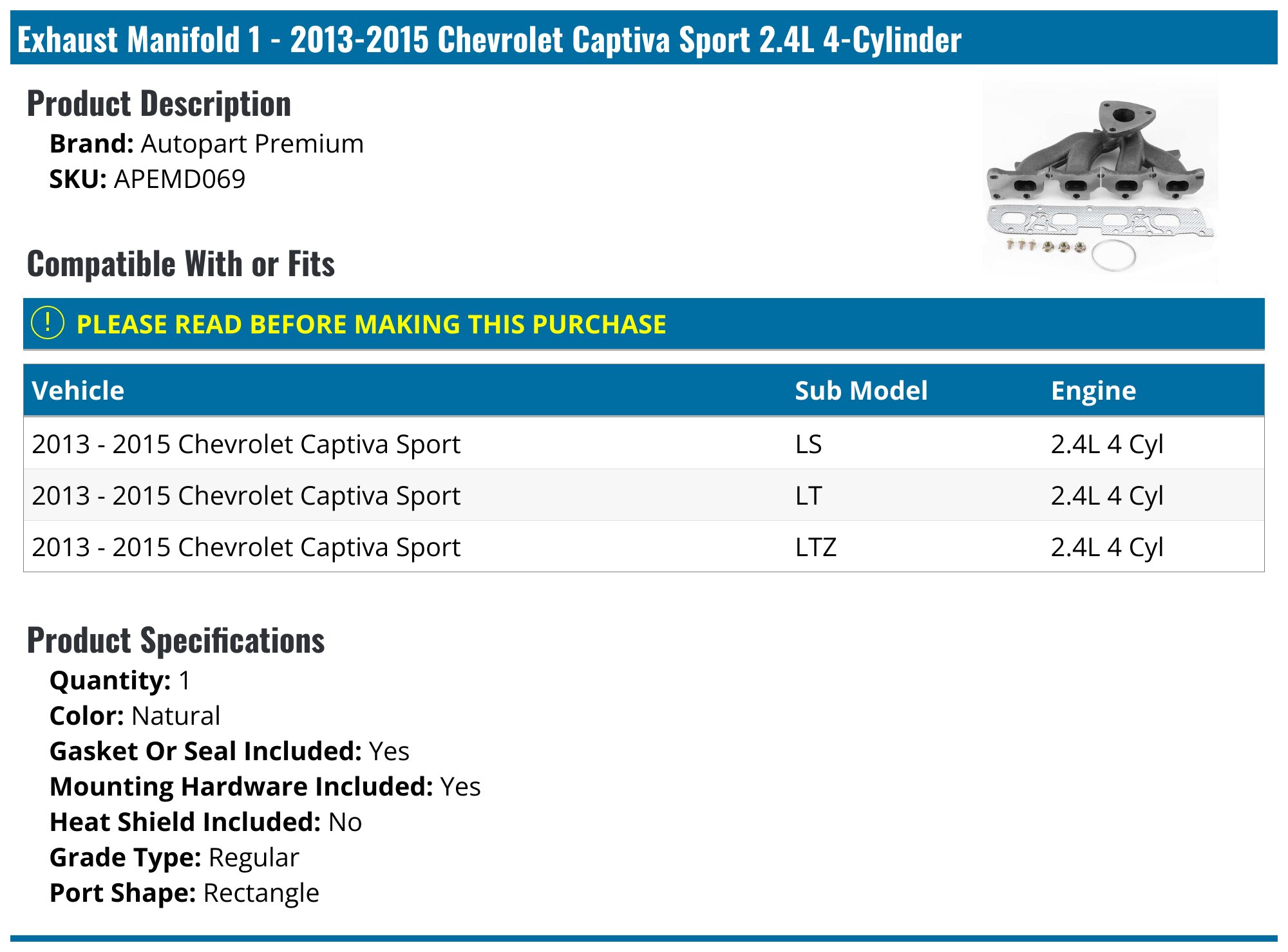 2013-2015 Chevrolet Captiva Sport Exhaust Manifold - Autopart Premium ...