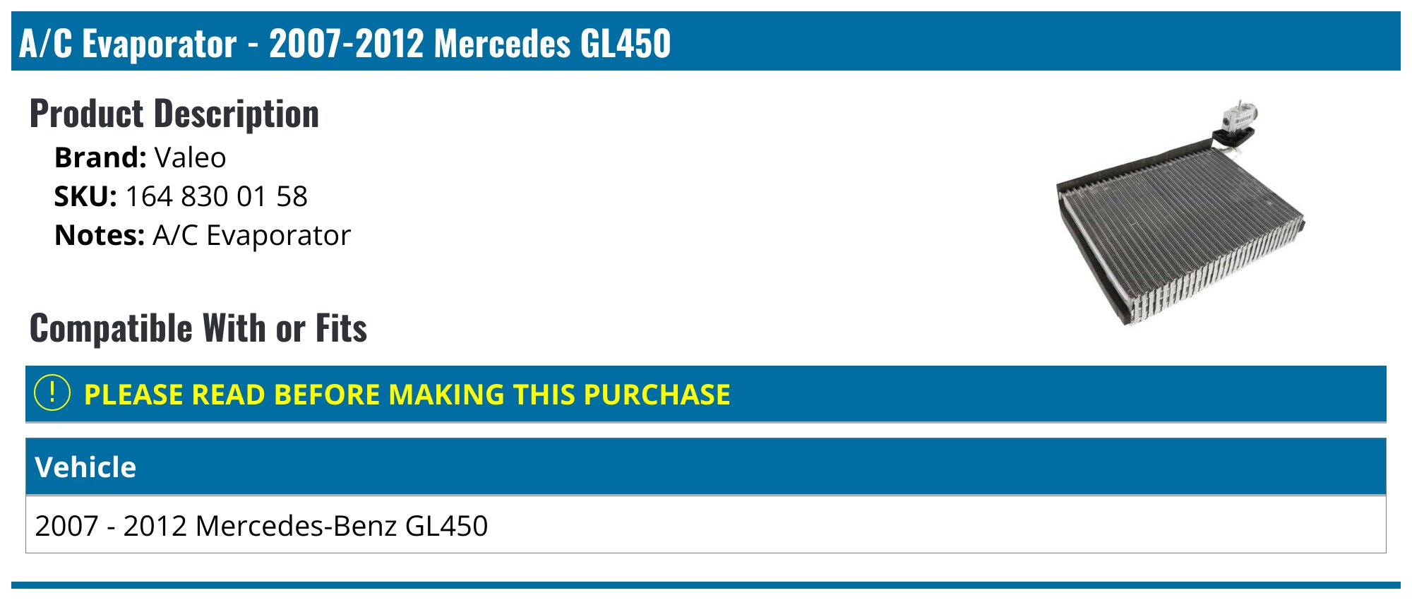 2007-2012 Mercedes GL450 A/C Evaporator - Valeo 164 830 01 58 ...
