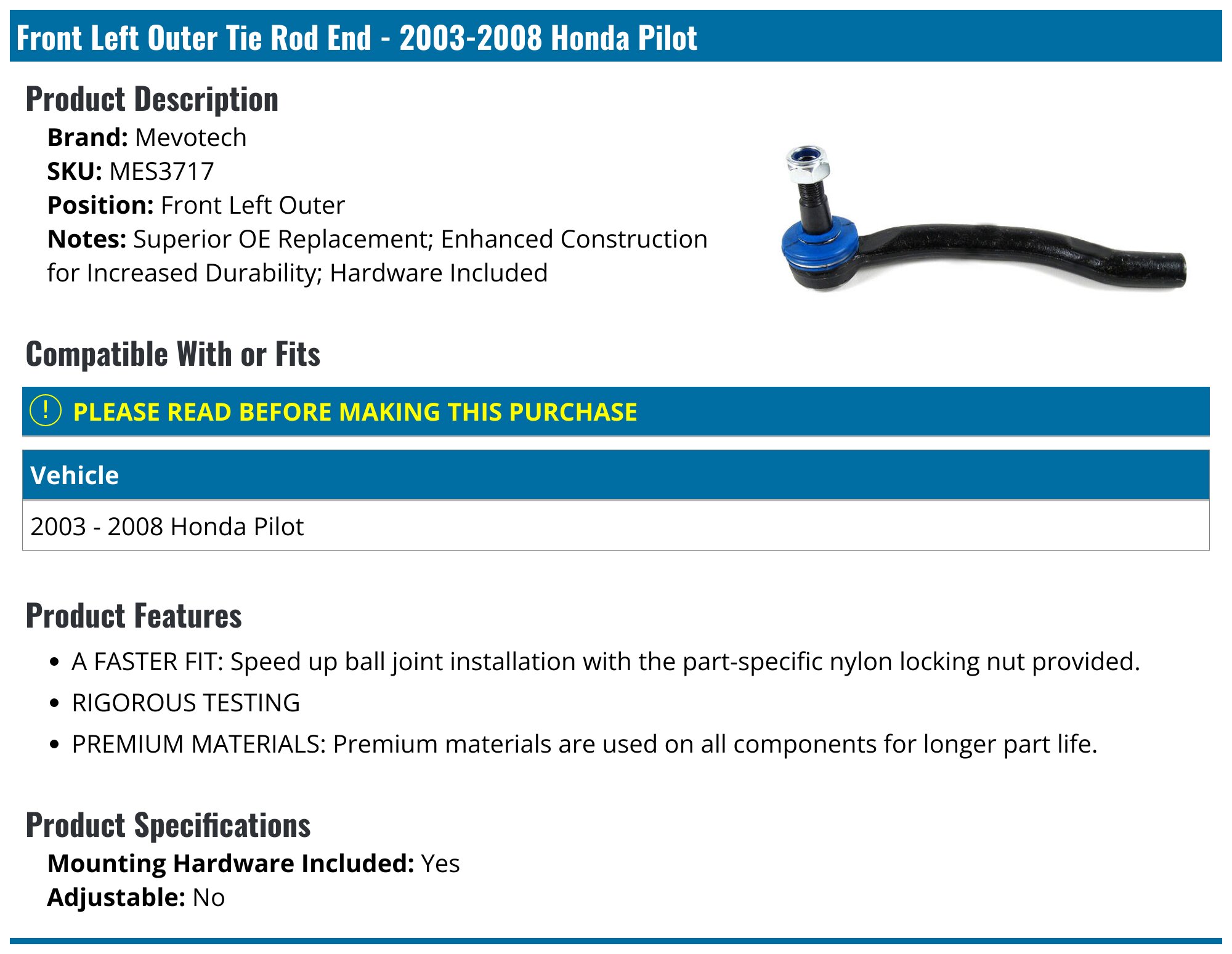2003-2008 Honda Pilot Tie Rod End - Mevotech MES3717 - Front Left Outer ...