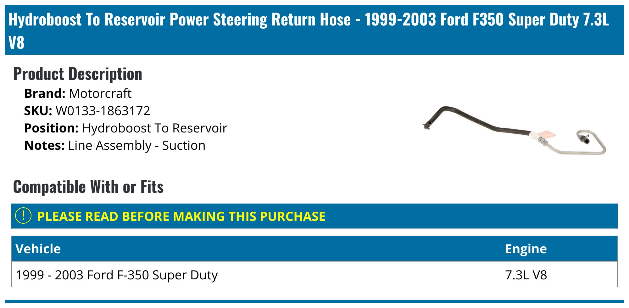 1999-2003 Ford F350 Super Duty Power Steering Return Hose - Motorcraft ...
