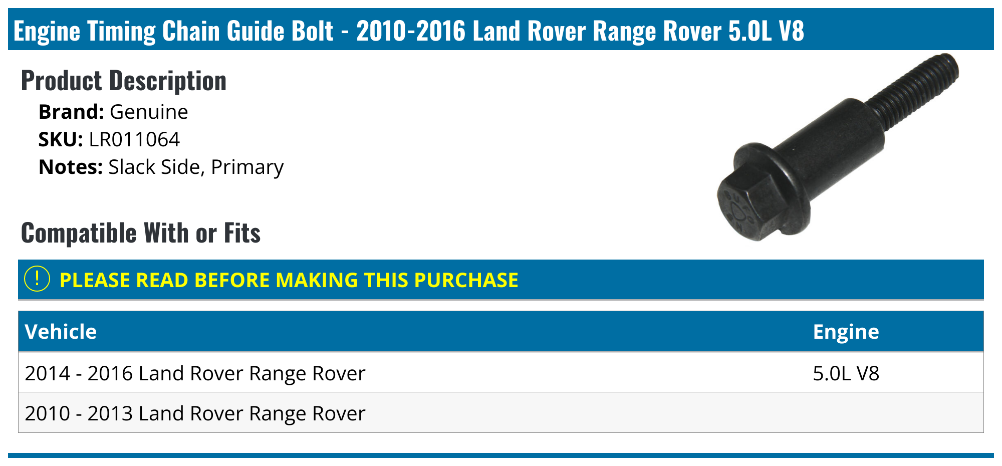 2010-2016 Land Rover Range Rover Engine Timing Chain Guide Bolt ...
