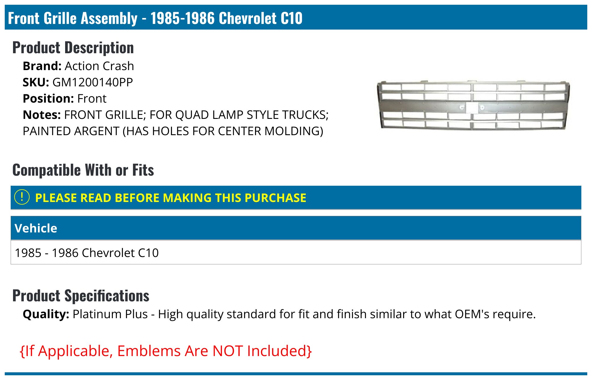 1985-1986 Chevrolet C10 Grille Assembly - Action Crash GM1200140PP ...