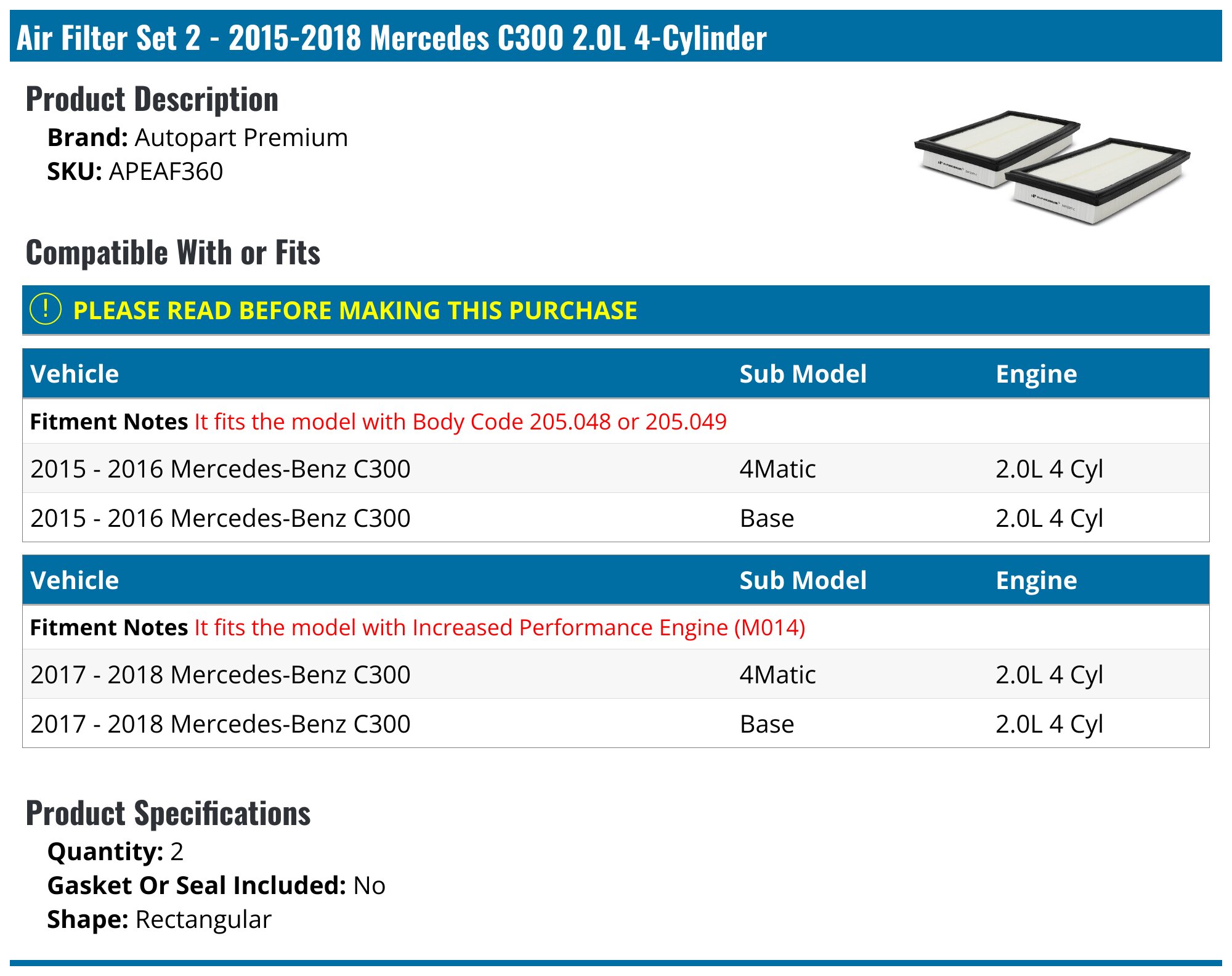 2015-2018 Mercedes C300 Air Filter Kit - Autopart Premium APEAF360 ...